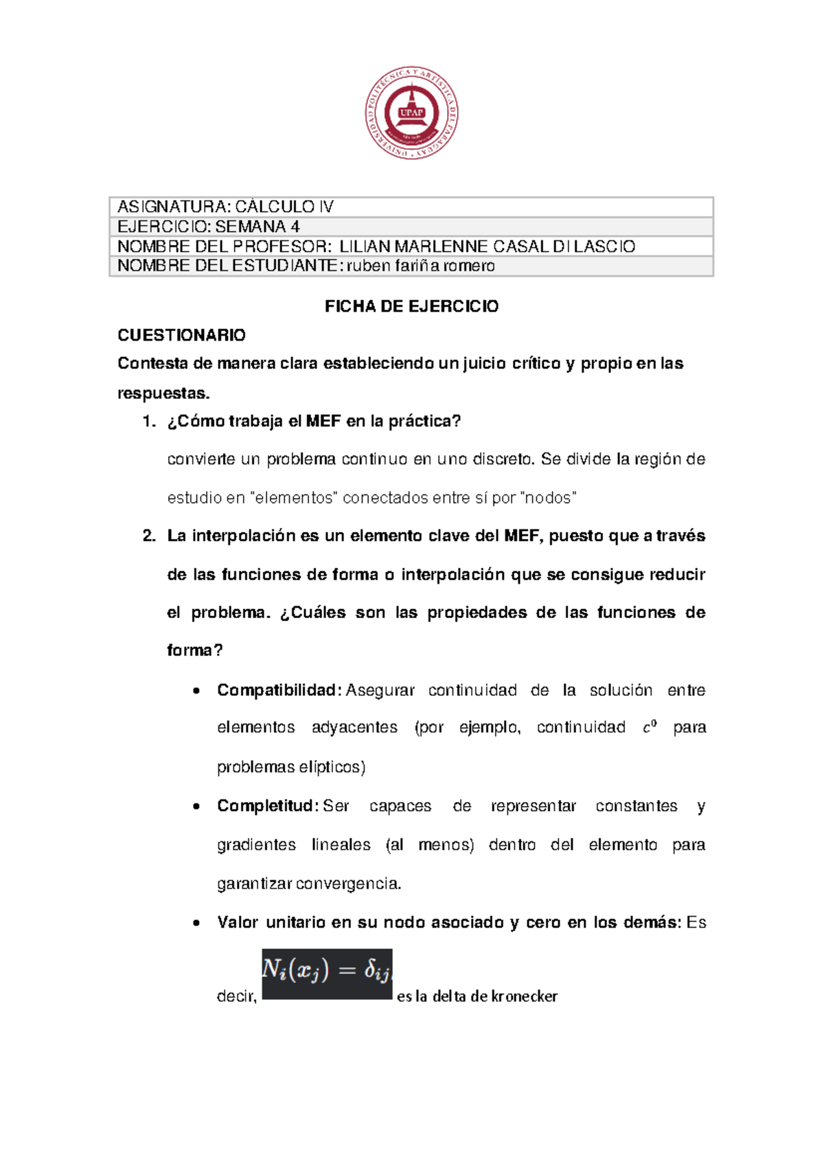 Cálculo IV: Ejercicio Semana 4 - Ficha de Preguntas y Respuestas - Studocu