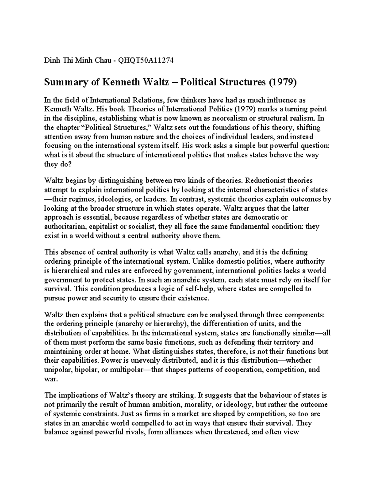 QHQT50A11274 Summary of Kenneth Waltz's Political Structures (1979 ...