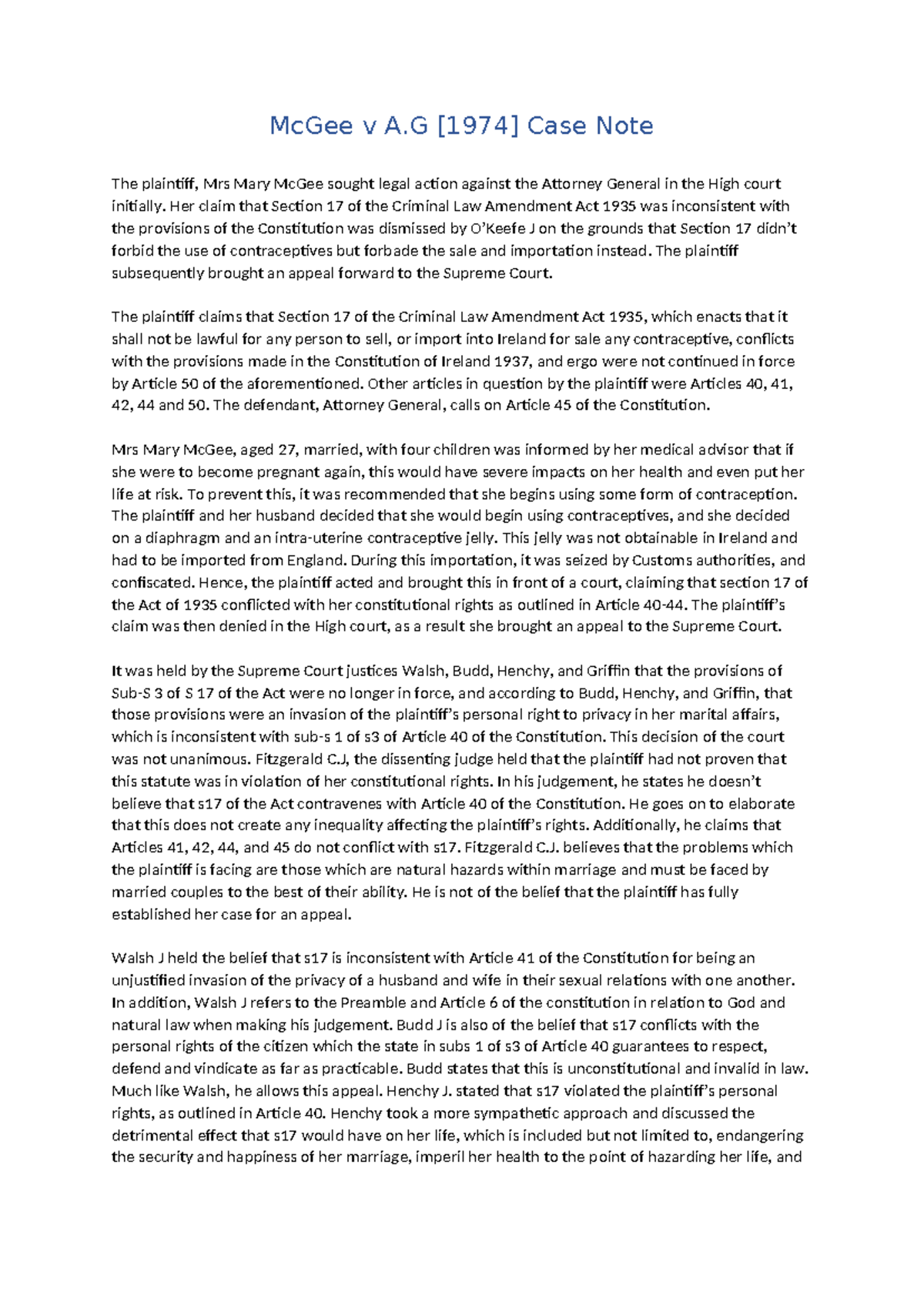 **McGee v A.G [1974] Case Note: Landmark Ruling on Marital Privacy Rights** - Studocu