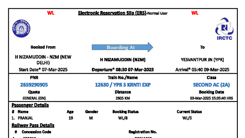 WL Electronic Reservation Slip (ERS) for Train 12630 YPR S KRNTI EXP ...