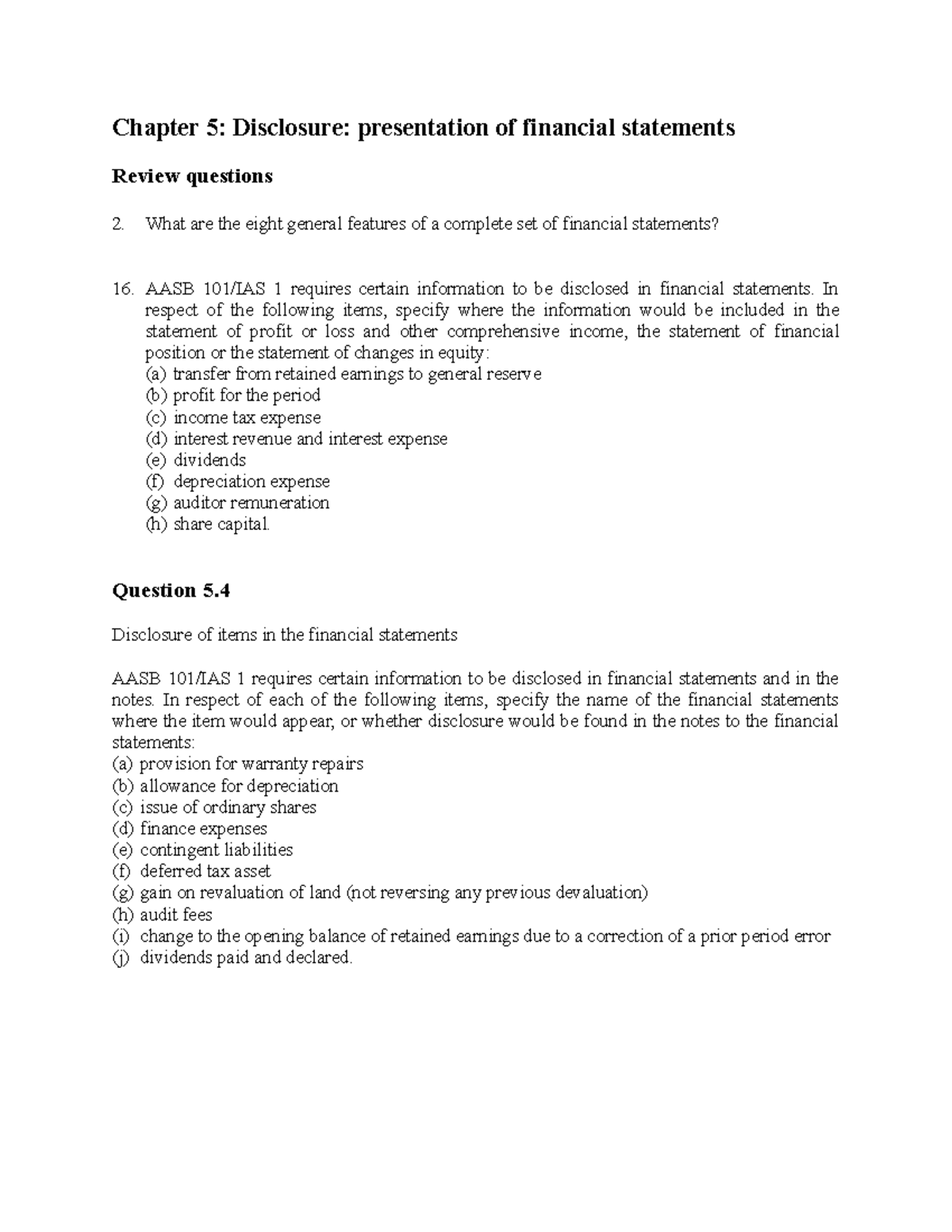 AASB 101/IAS 1 - Chapter 5: Financial Statement Disclosure Qs & Review ...