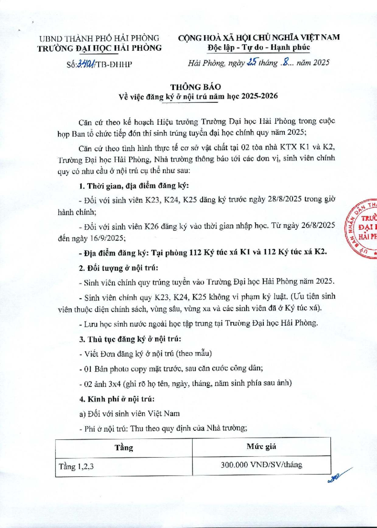Thông Báo Đăng Ký Nơi Trú Năm Học 2025 - Di-3401-TB-DHHP - Studocu