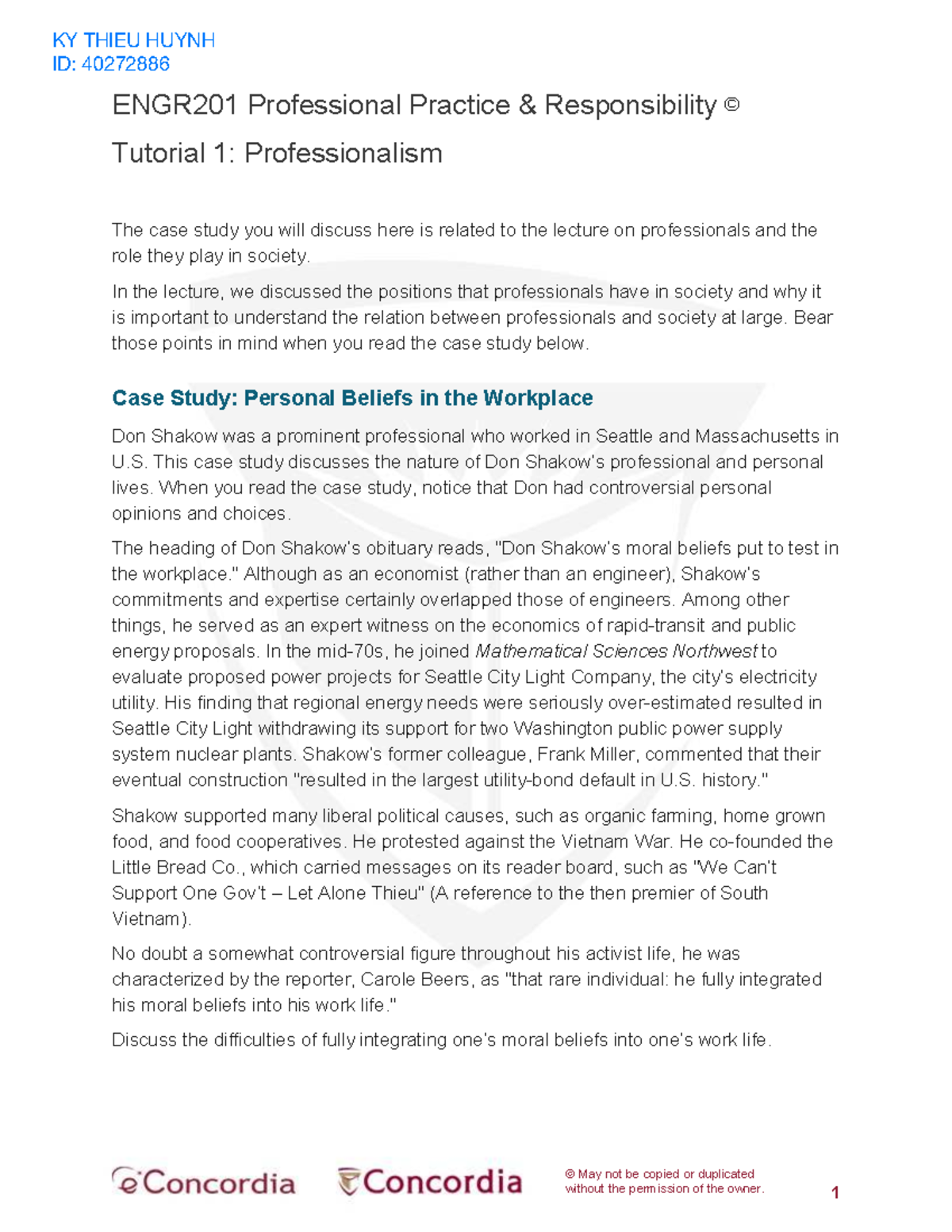 ENGR201 Tutorial 1: Case Study on Professionalism and Ethics - Studocu