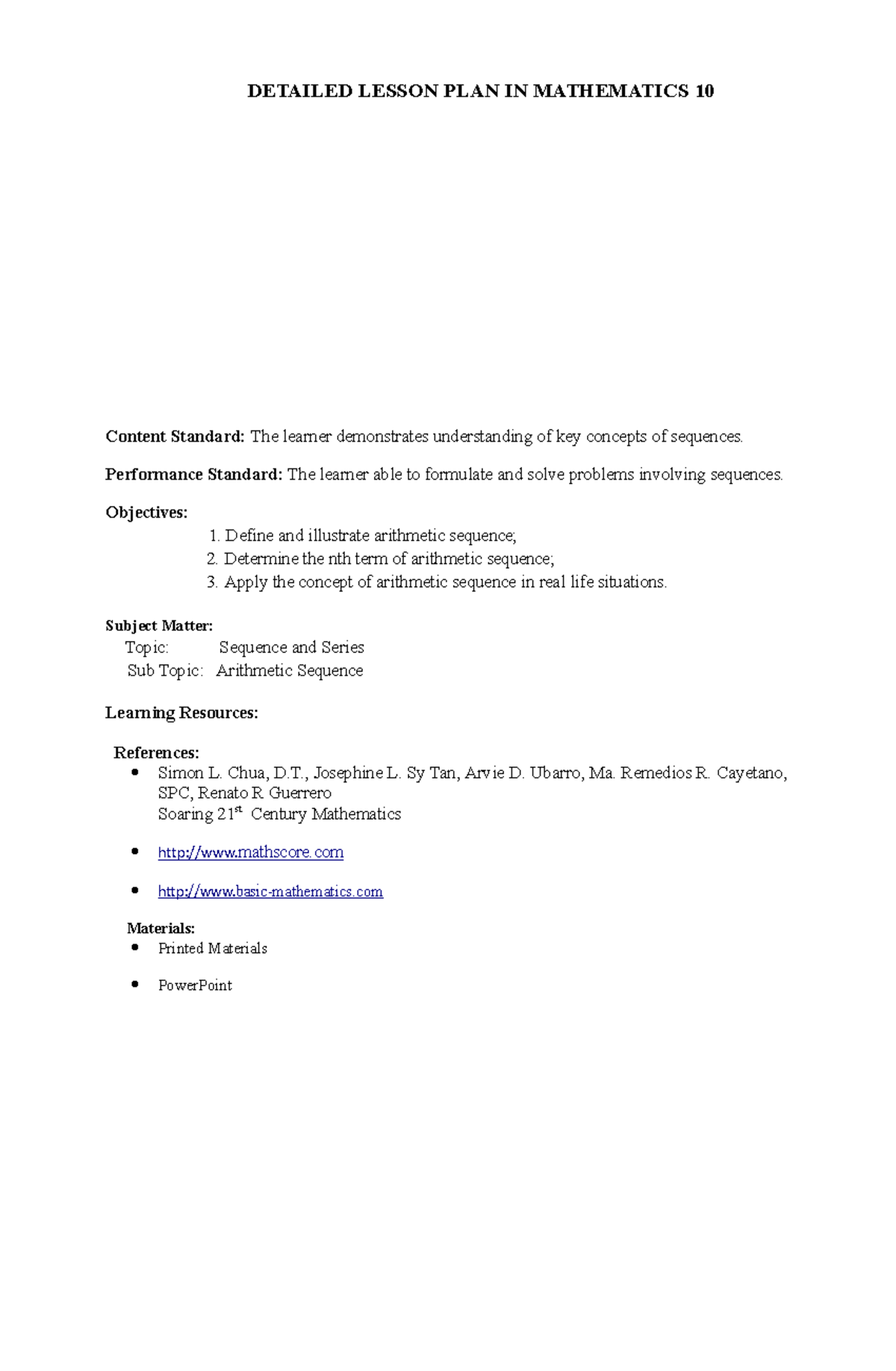 Sequence and Series - Detailed Lesson Plan for Grade 10 Math - Studocu