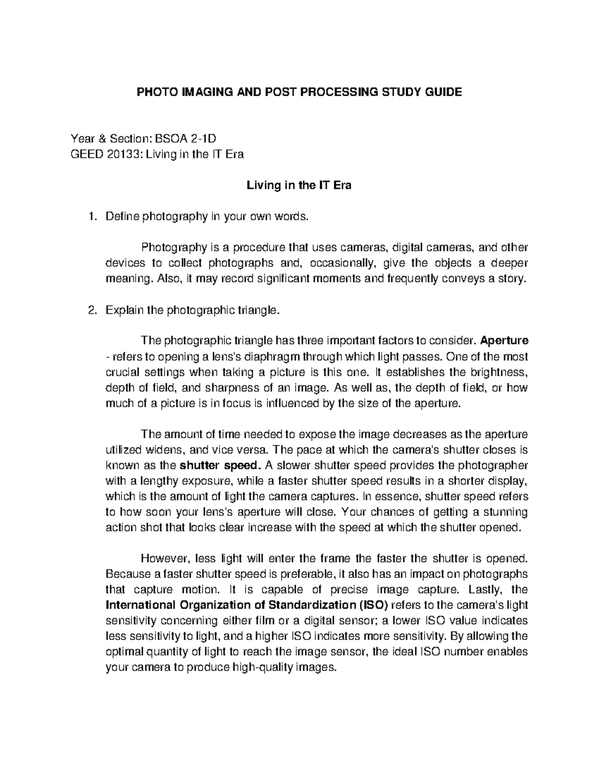 BSOA 2-1D GEED 20133: Photo Imaging & Post Processing Guide - Studocu