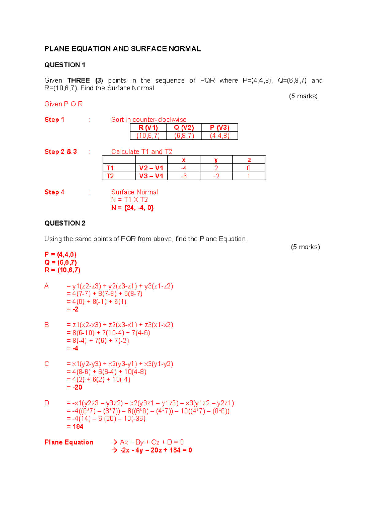 Plane Equation AND Surface Normal - PLANE EQUATION AND SURFACE NORMAL ...