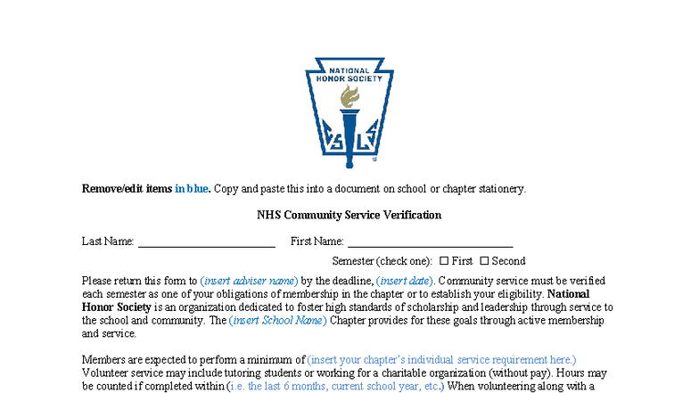 2022 NHS Community Service Verification Form Template - Studocu