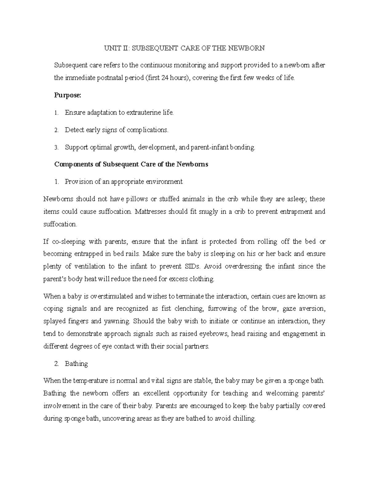 UNIT II: Subsequent Care of the Newborn - Key Guidelines and Practices ...