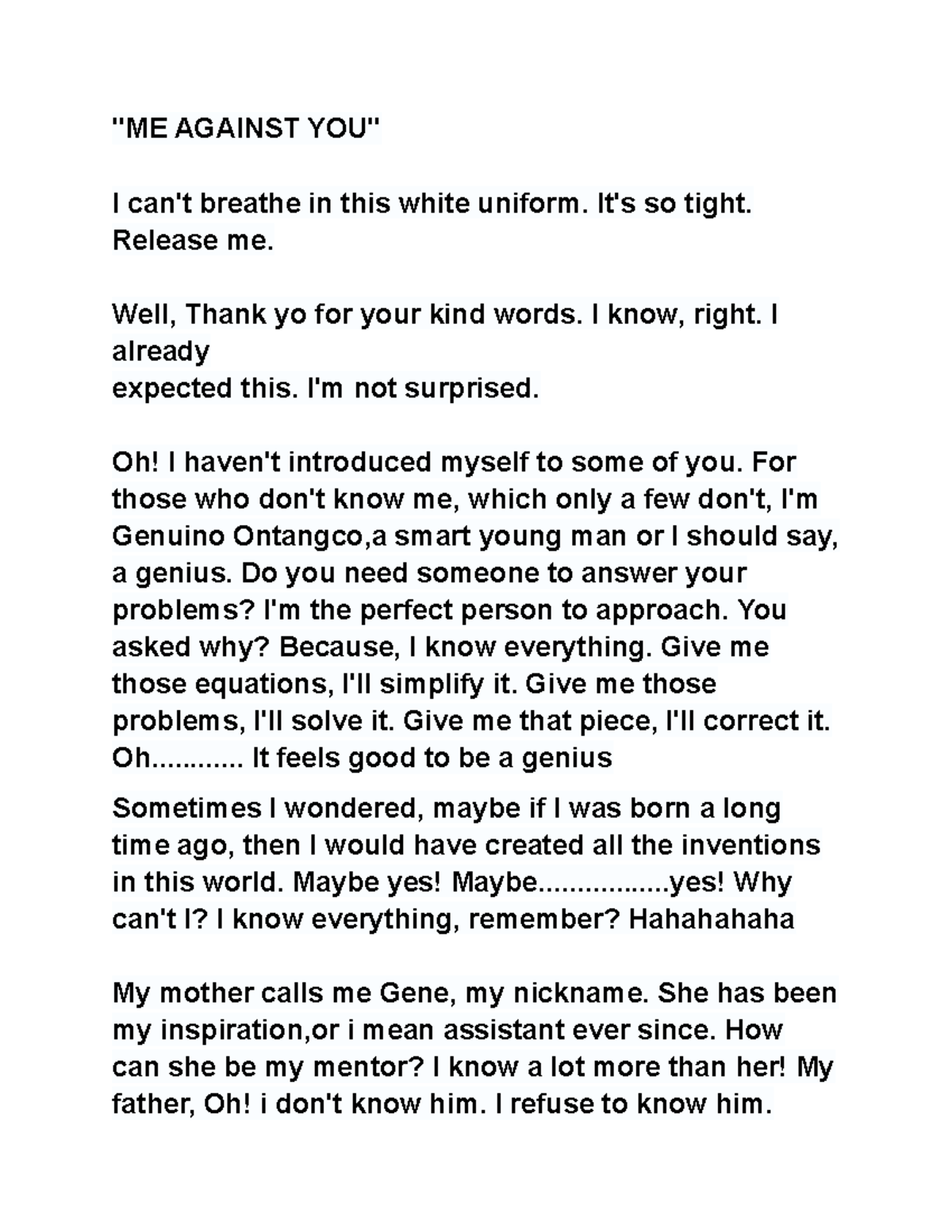 ENG 101: Me Against You - A Declamation Piece - Studocu