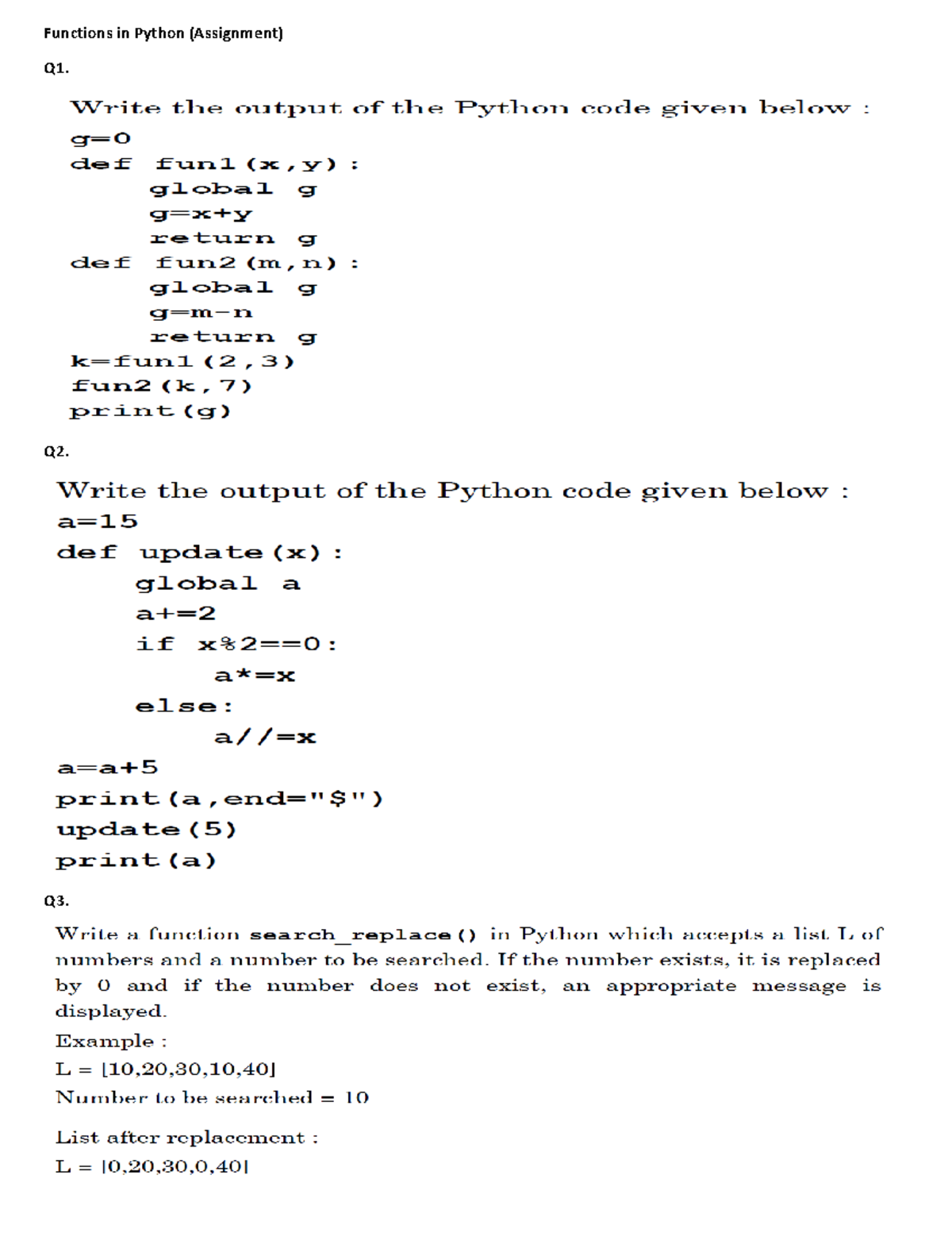 Functions Assignment-2 - Computer science class 12 - Functions in ...