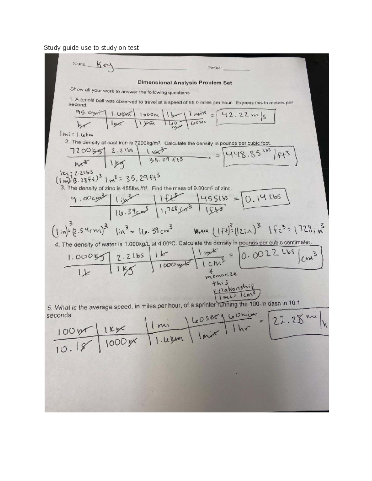 Honors Chemistry Unit 1 Study Guide: Dimensional Analysis & Properties ...