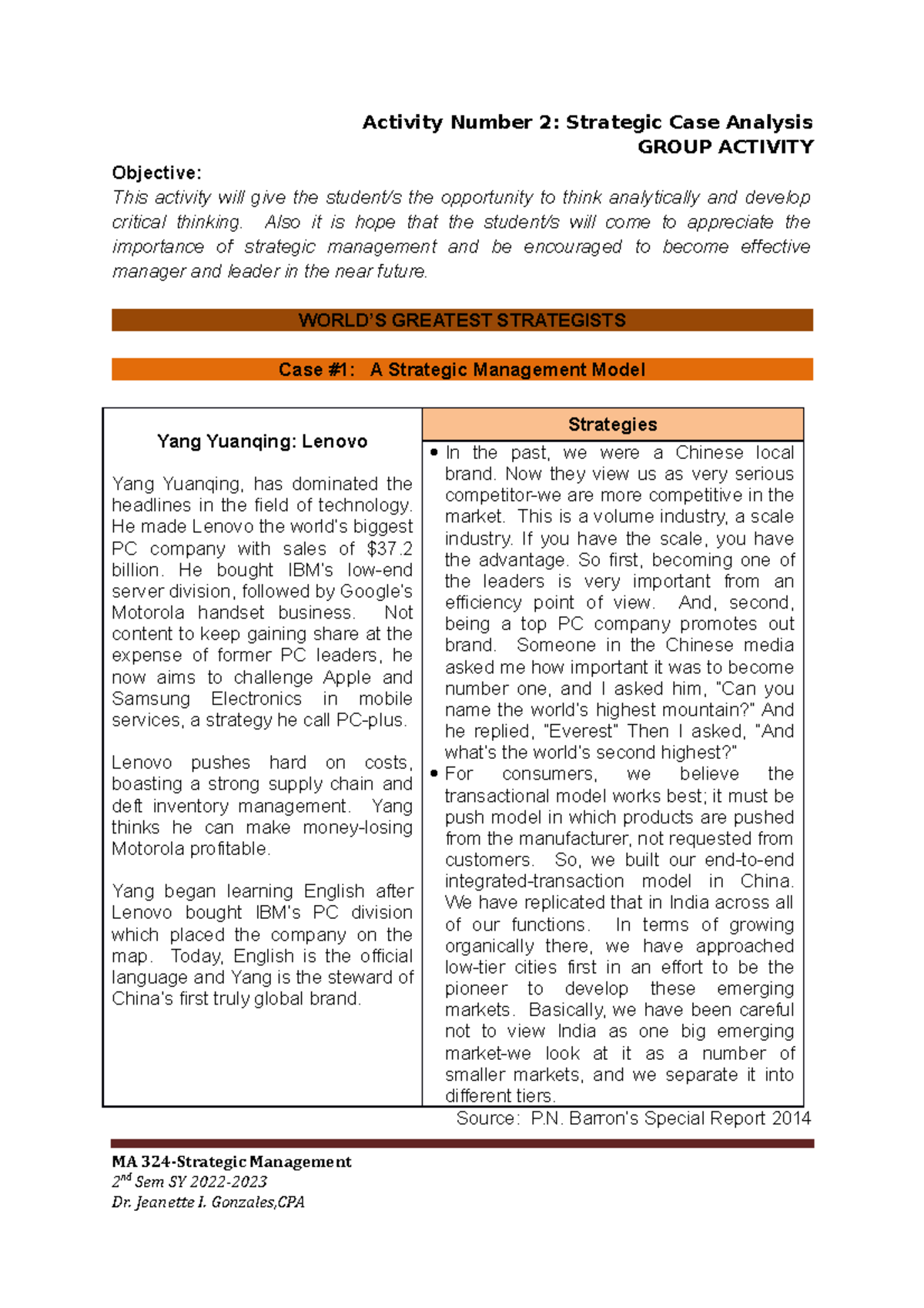 Case Study #2: Strategic Analysis of Yang Yuanqing and Lenovo (MA 324 ...
