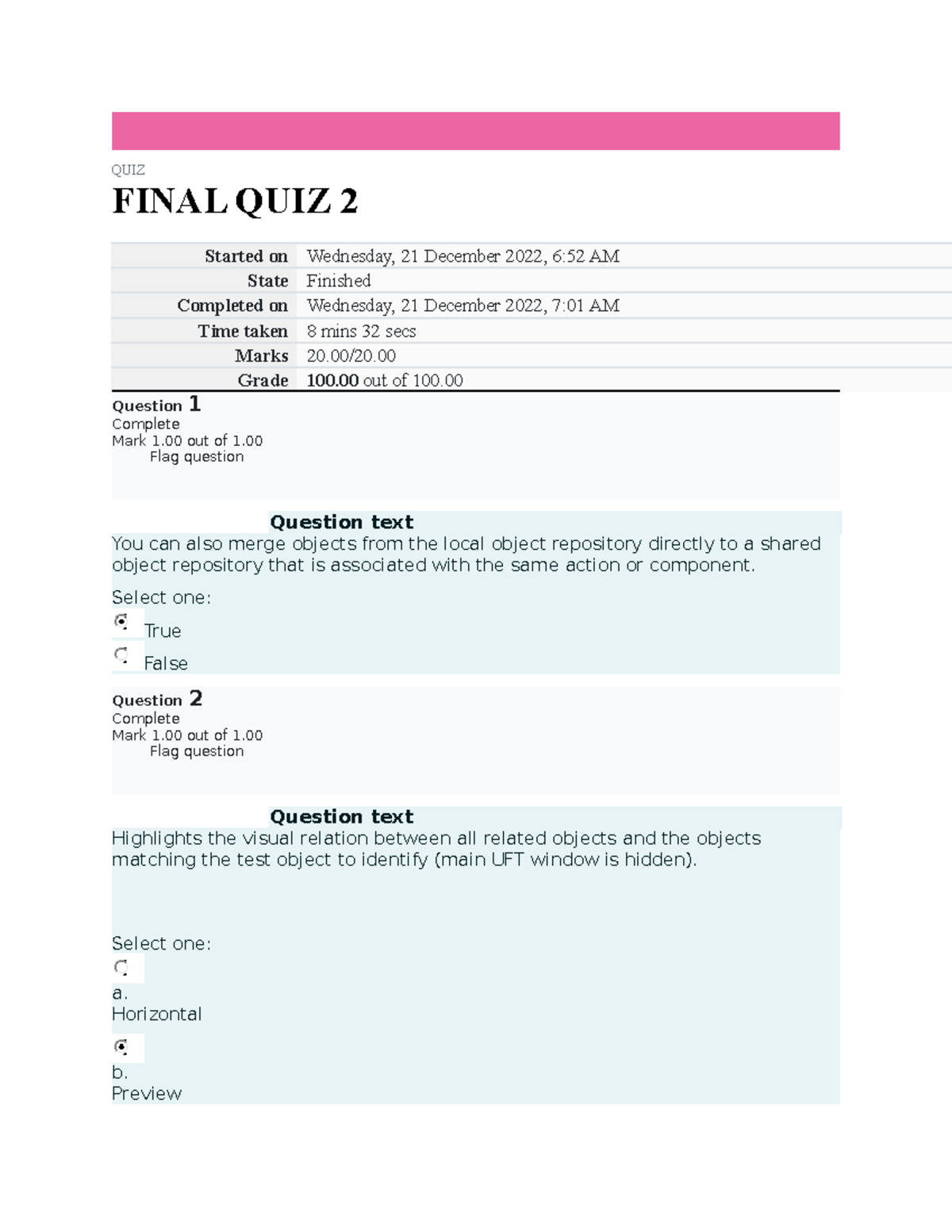 Uft final quiz 2 - QUIZ FINAL QUIZ 2 Started on Wednesday, 21 December ...