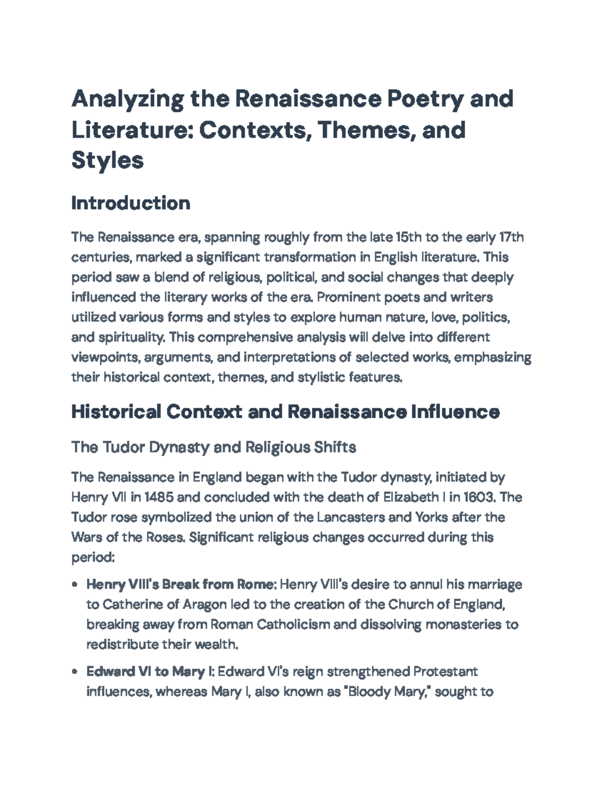 Renaissance Poetry and Literature Analysis: Themes & Contexts - Studocu
