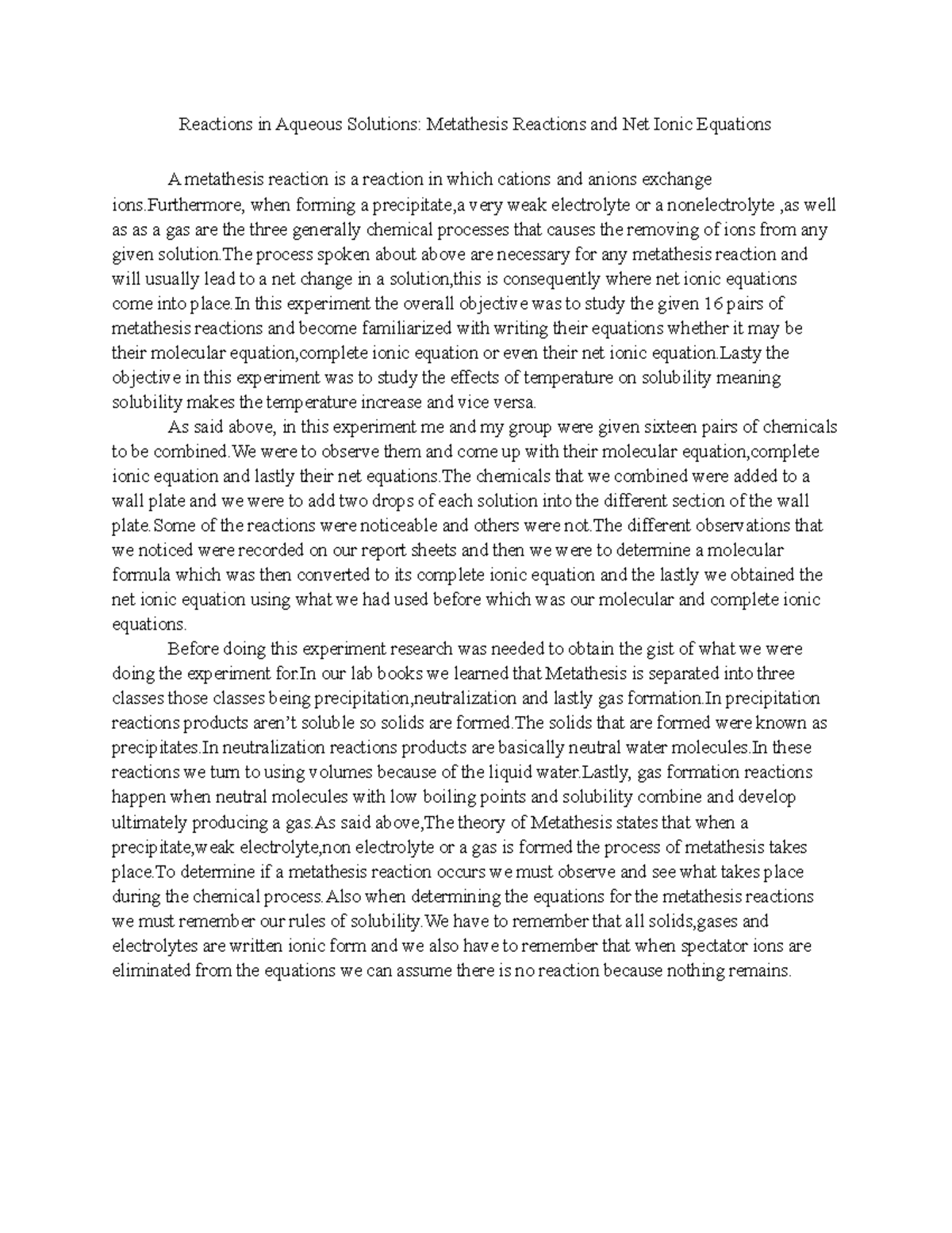 Lab Report #5: Examining Metathesis Reactions & Net Ionic Equations ...