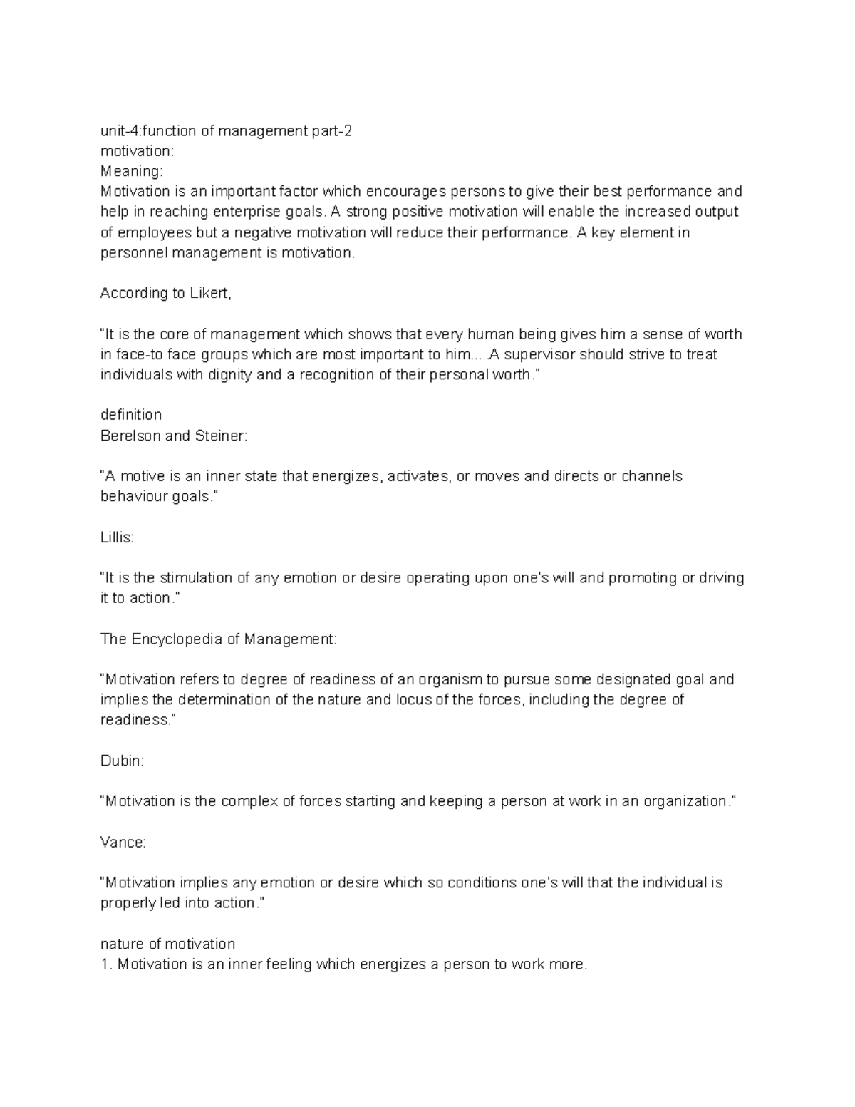 POM 101: Unit 4 - Comprehensive Notes on Management Motivation and ...