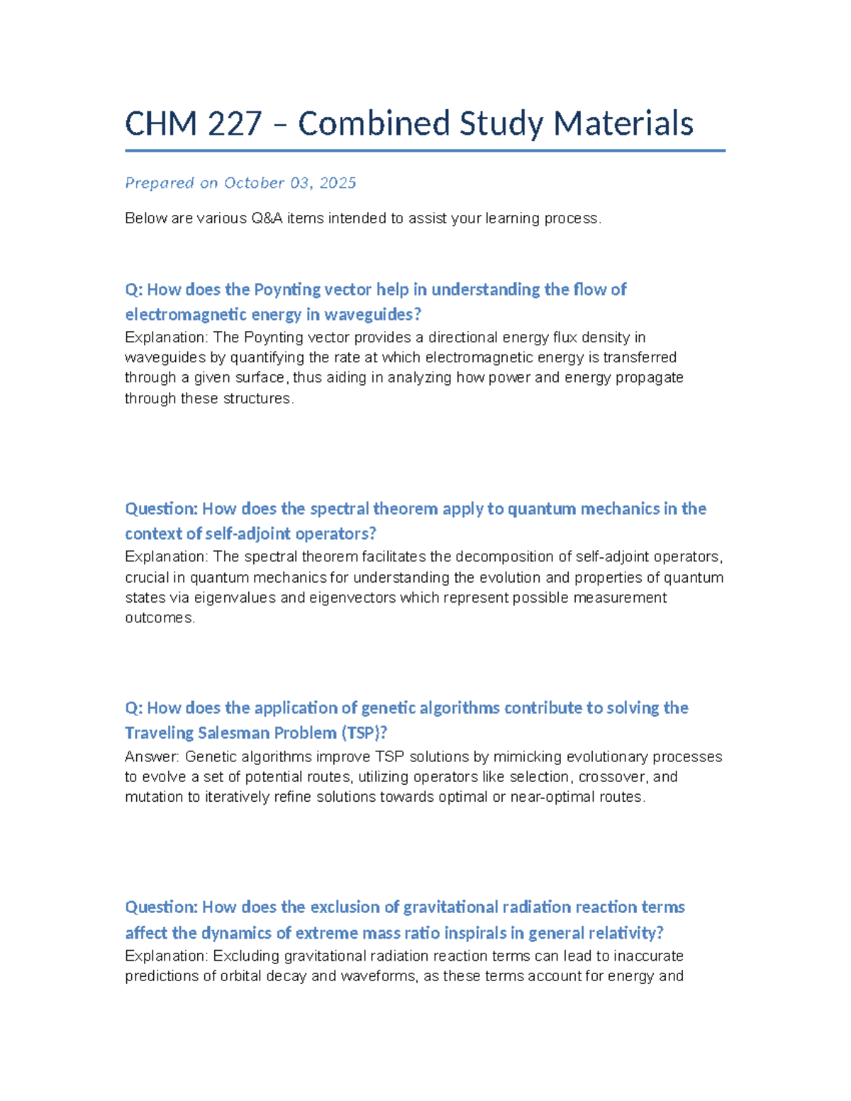 CHM 227 Comprehensive Study Materials for Exam Preparation - Studocu