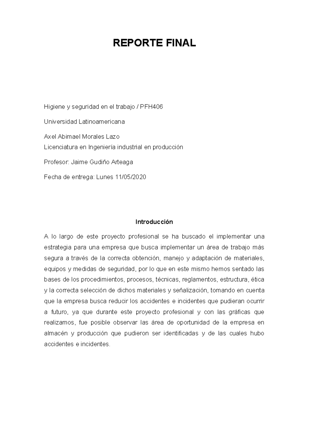 Reporte Final: Higiene y Seguridad en el Trabajo (PFH) - Axel Morales ...