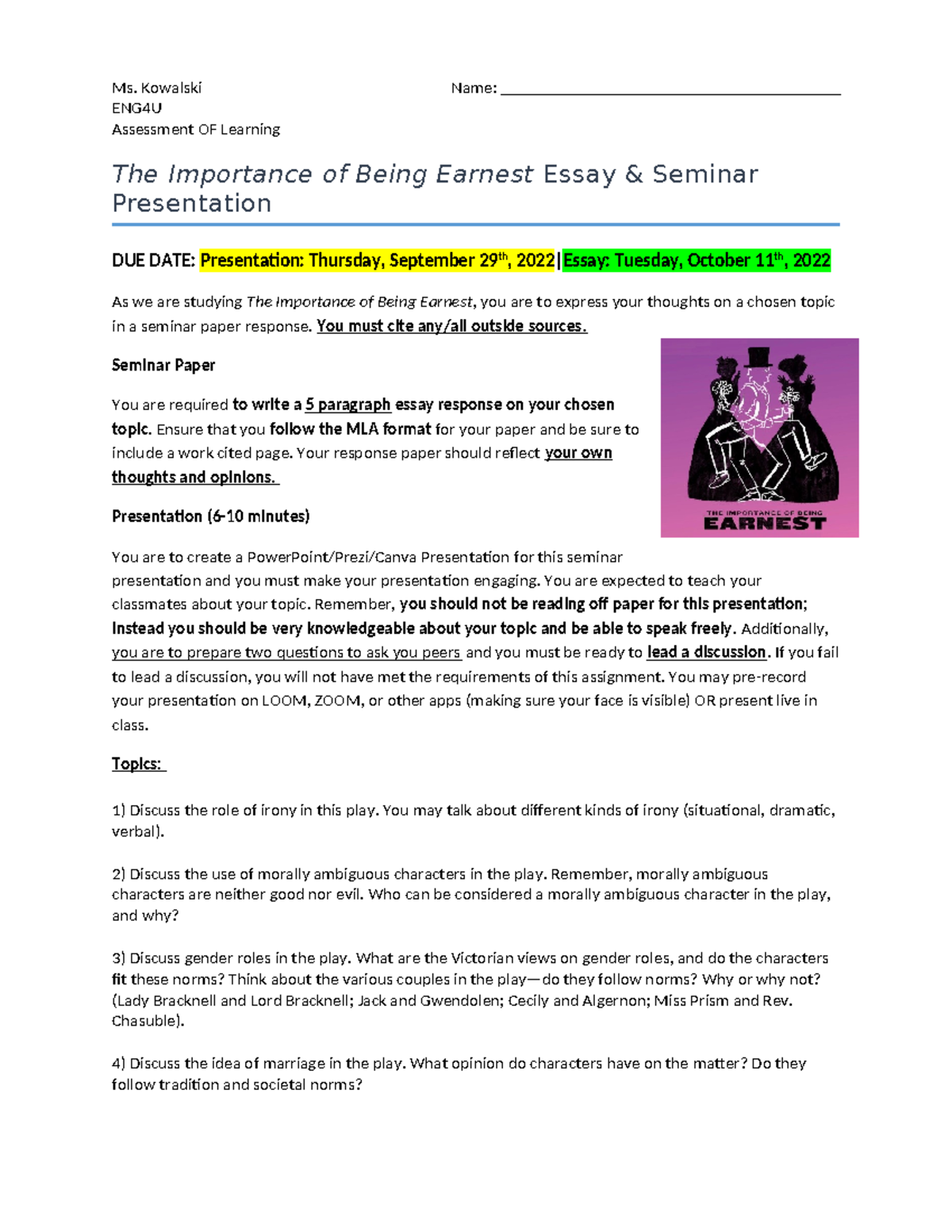 ENG4U Seminar Presentation: The Importance of Being Earnest Essay ...