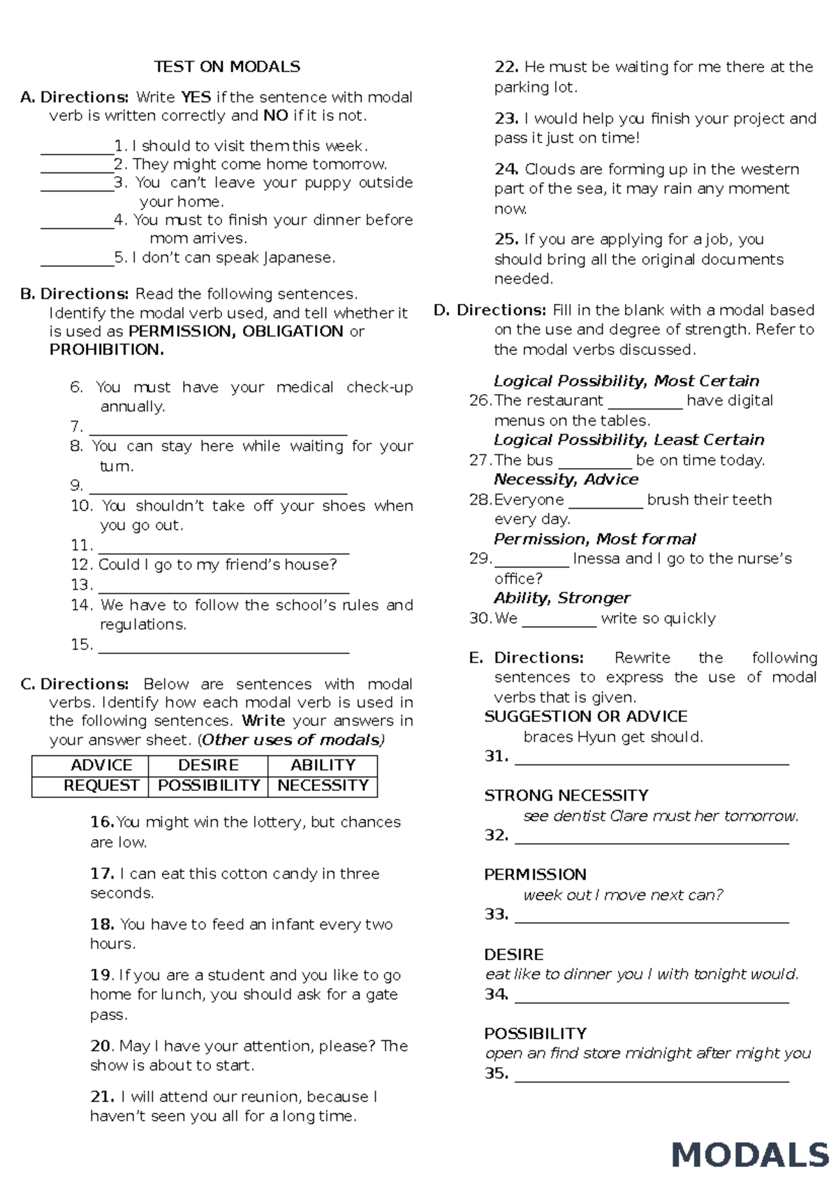 Test on Modals - MODALS TEST ON MODALS A. Directions: Write YES if the ...