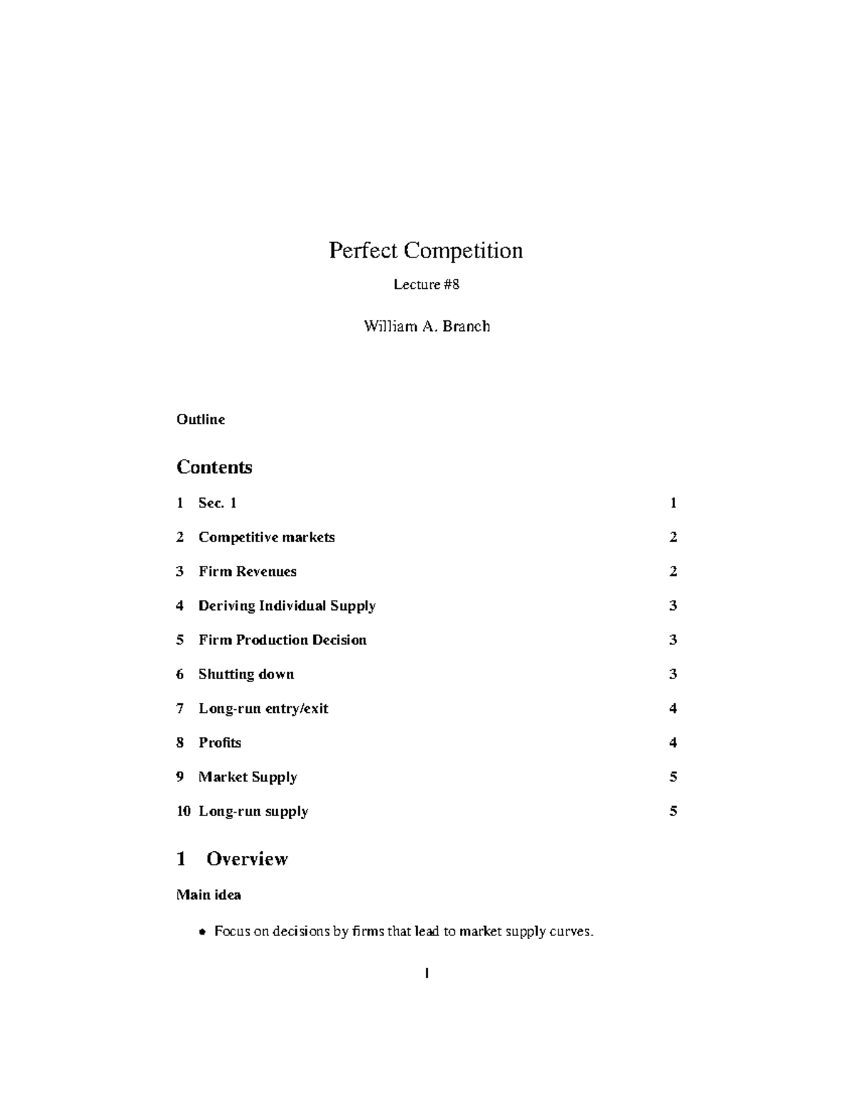 Perfect Competition Lecture Notes (Econ 101) - Outline & Key Concepts ...