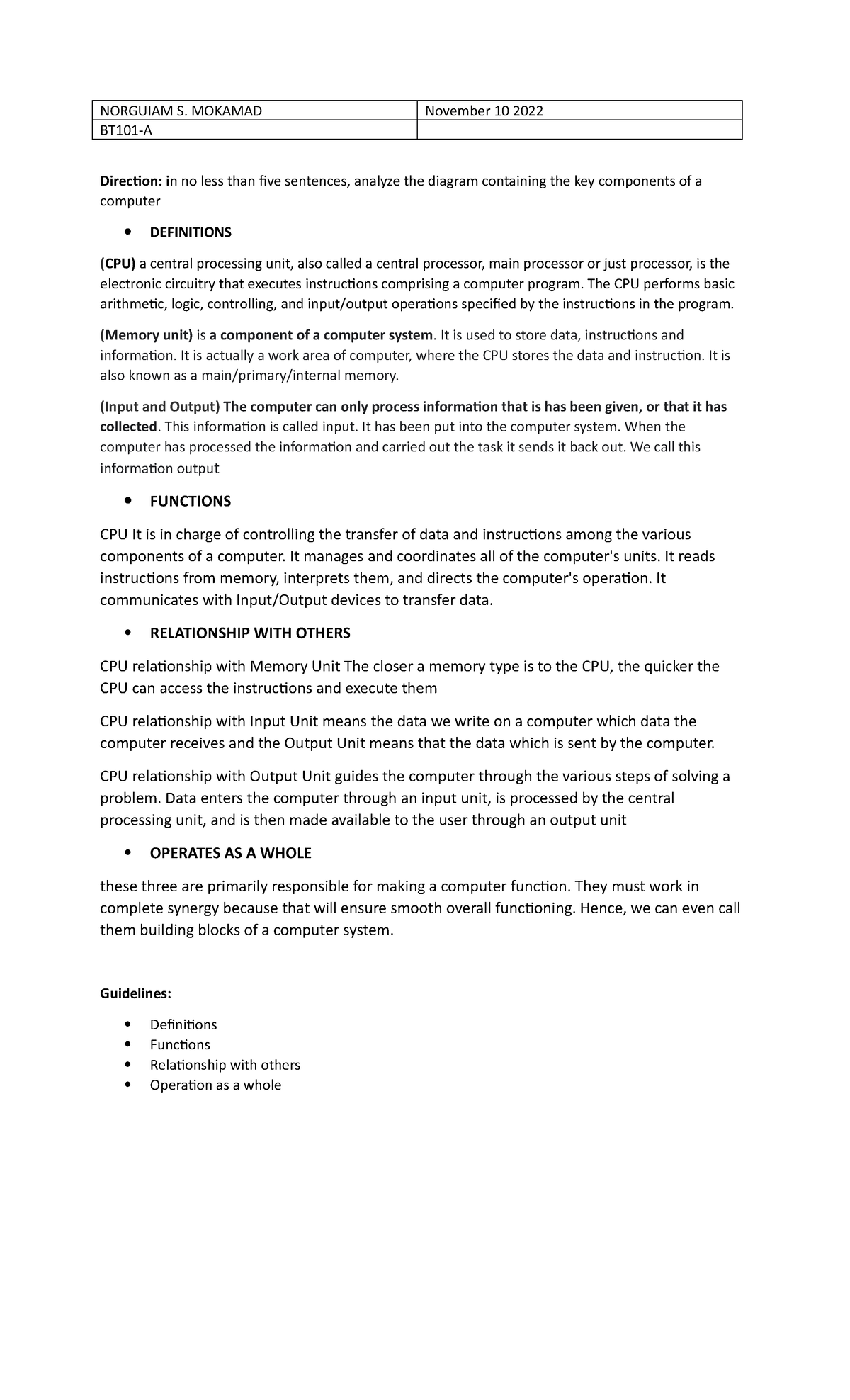 BT101-A Activity 1: Analyzing CPU, Memory, and I/O Relationships - Studocu