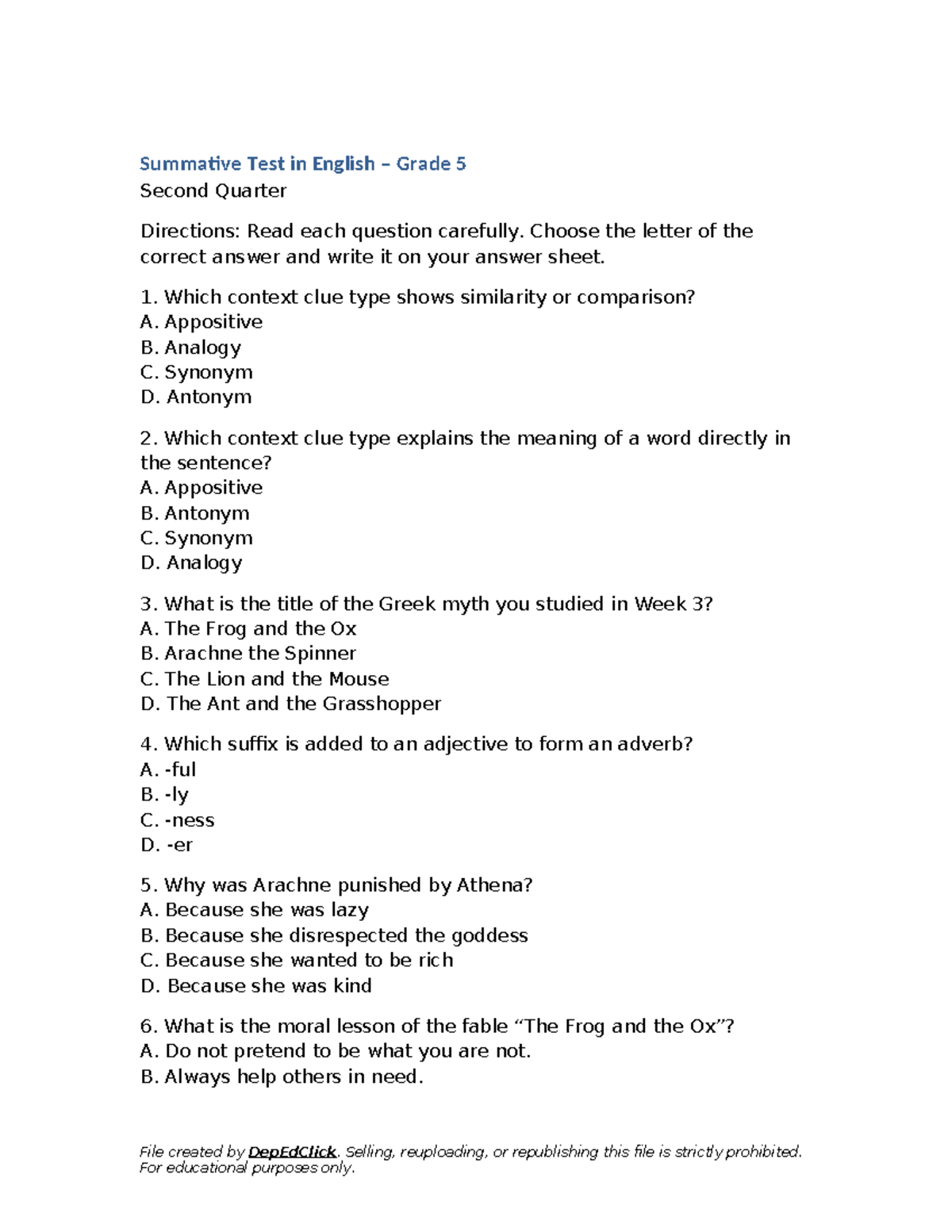 Summative Test in English 5: 2nd Quarter W3-4 - Studocu
