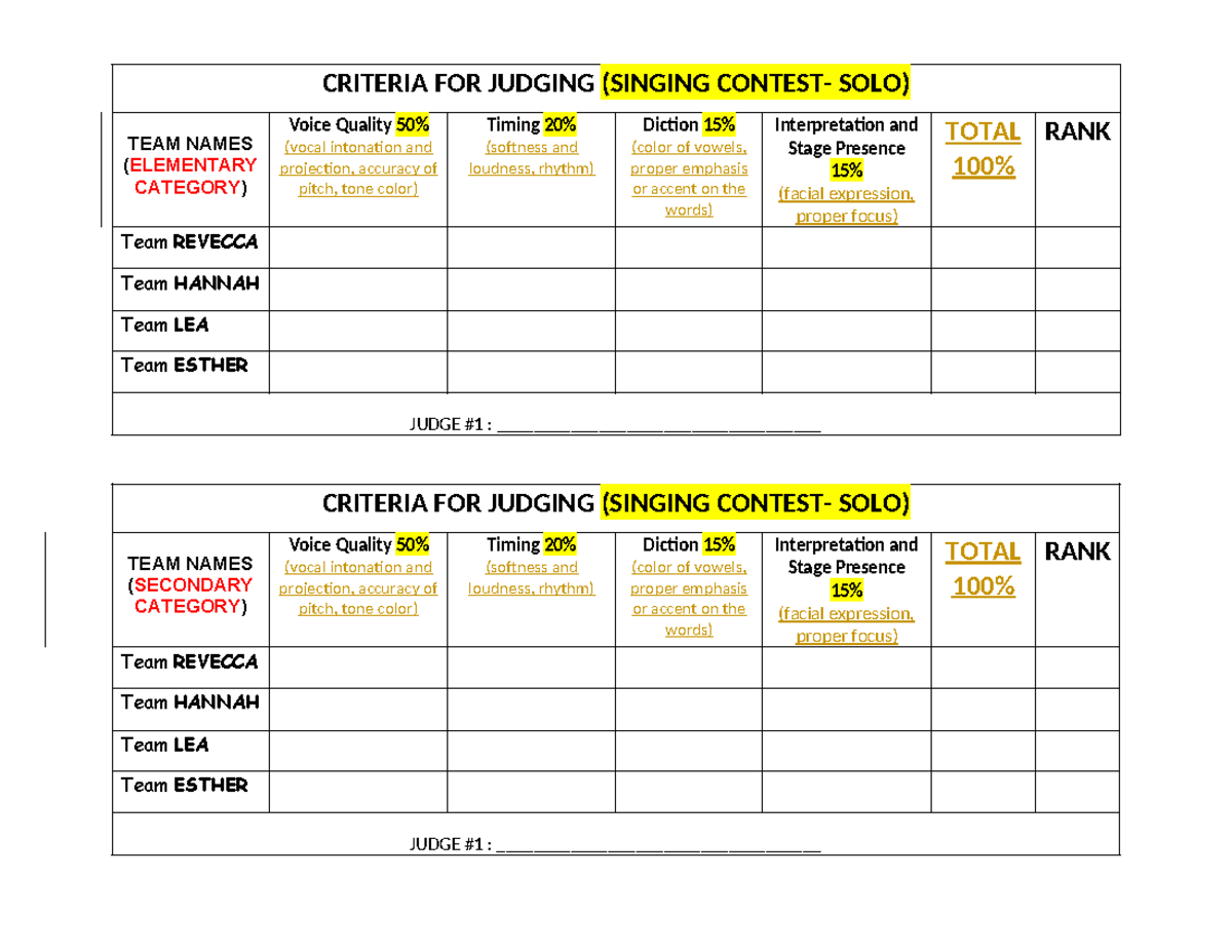 Judging Criteria for Singing and Preaching Contests (Elementary ...