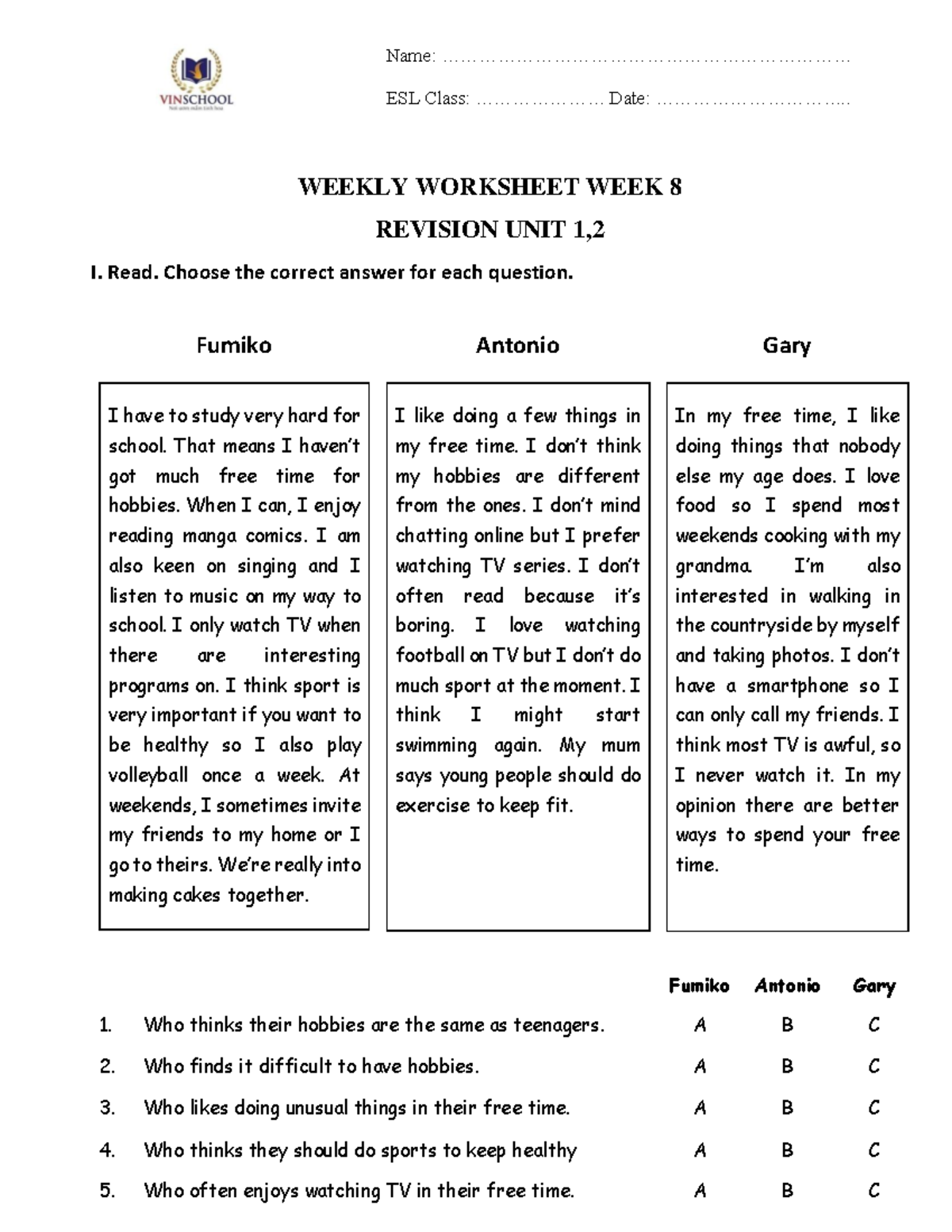 4 E 1&2 Weekly Worksheet: Revision for Units 1 & 2 - Studocu