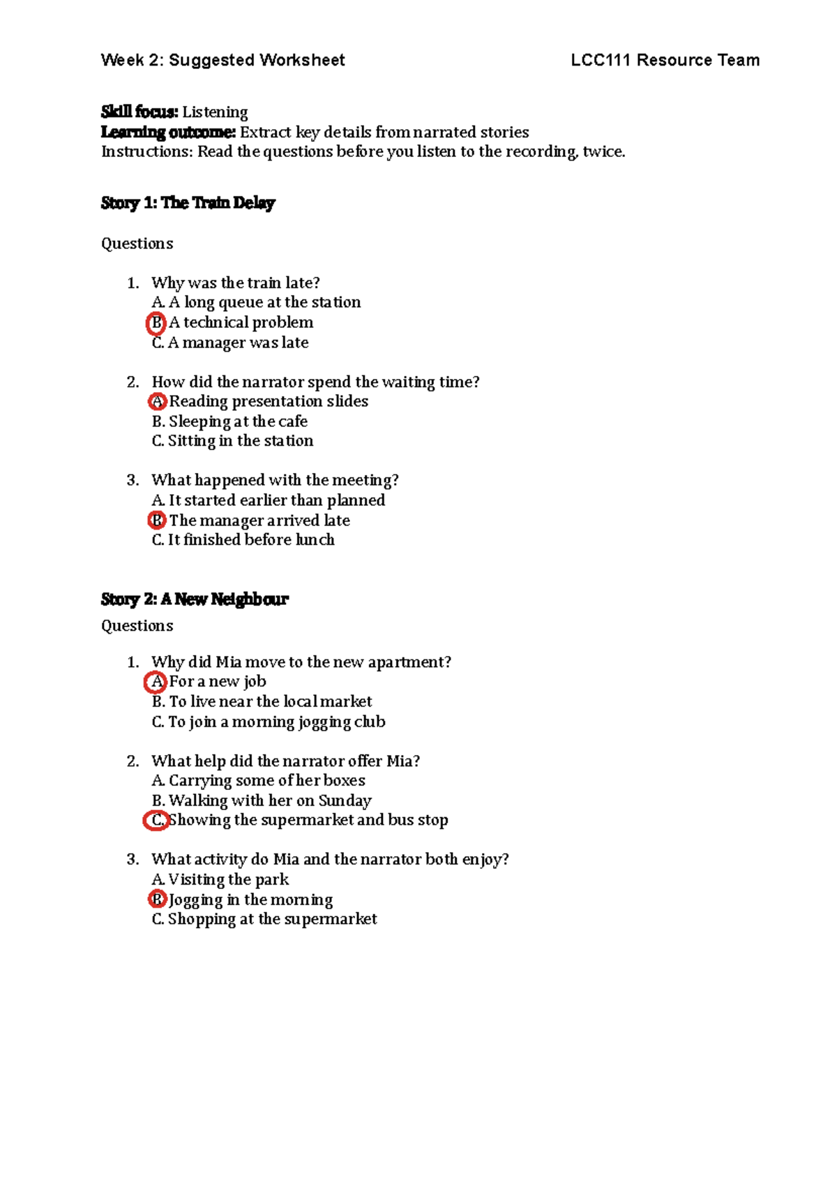 W2 Listening Worksheet 2: Key Details from Narrated Stories - Studocu