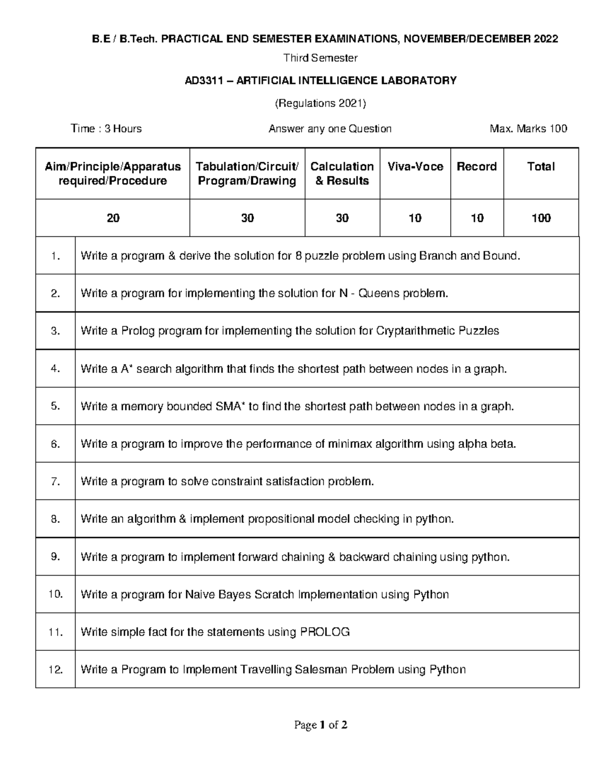AD3311 AI Lab Practical Exam Notes - Set 2 - Studocu