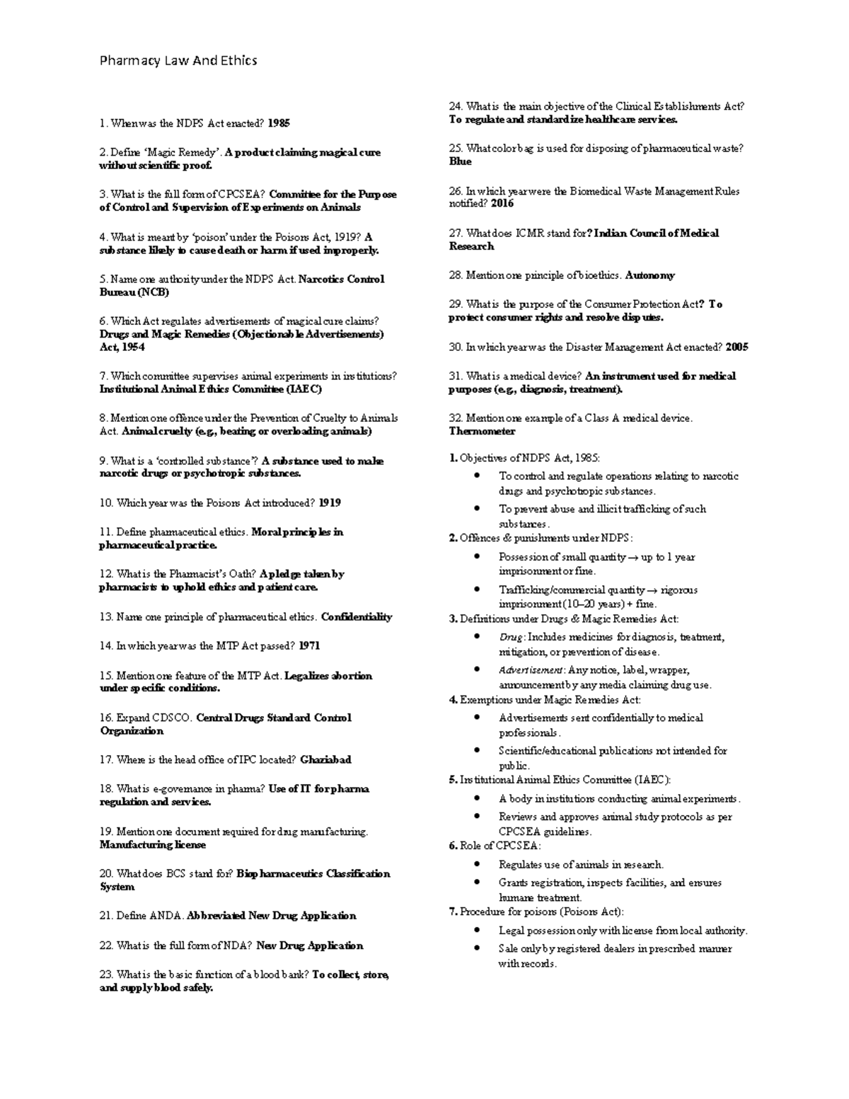 Pharmacy Law and Ethics: Key Concepts and Regulations Overview - Studocu