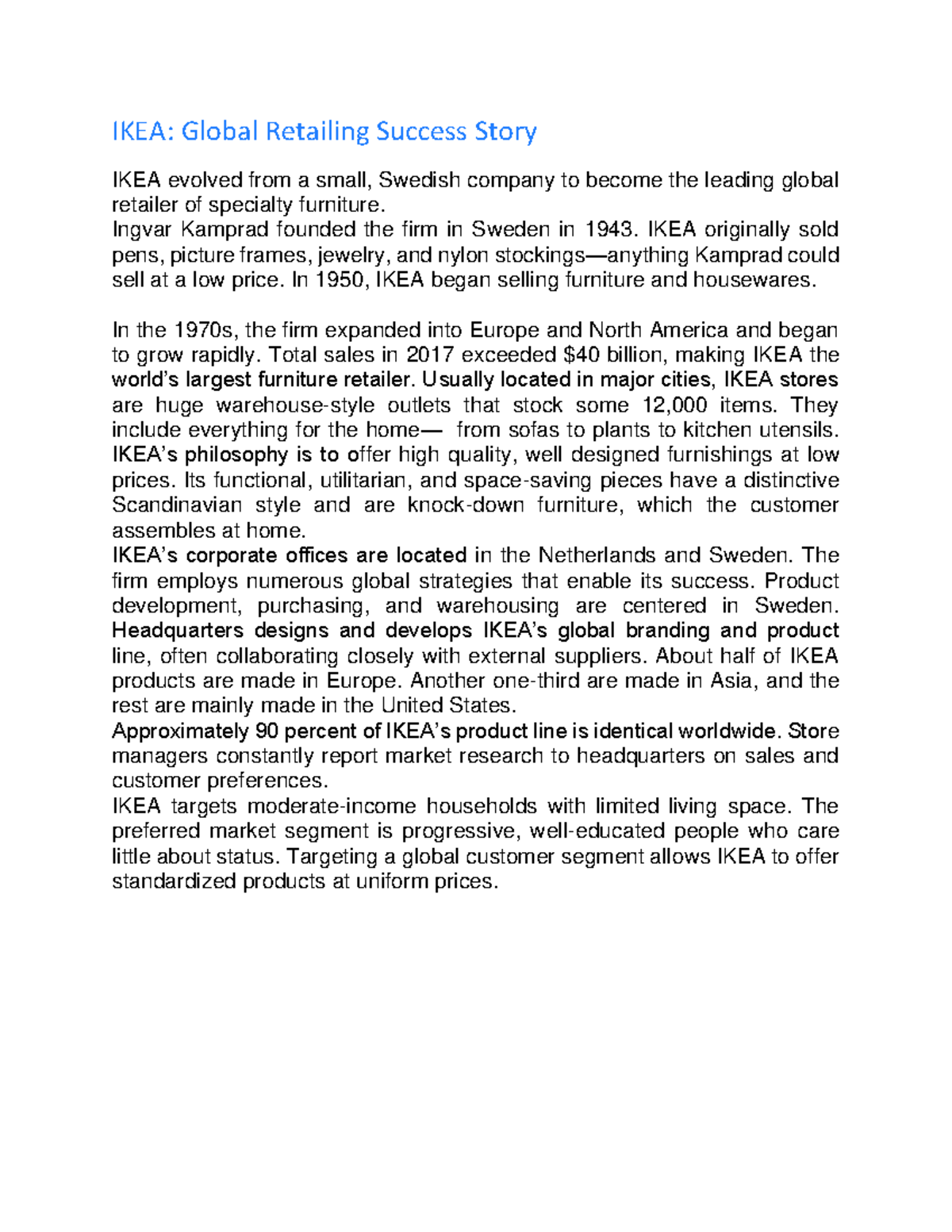 IKEA Case Study: Global Retailing Success Analysis - Studocu