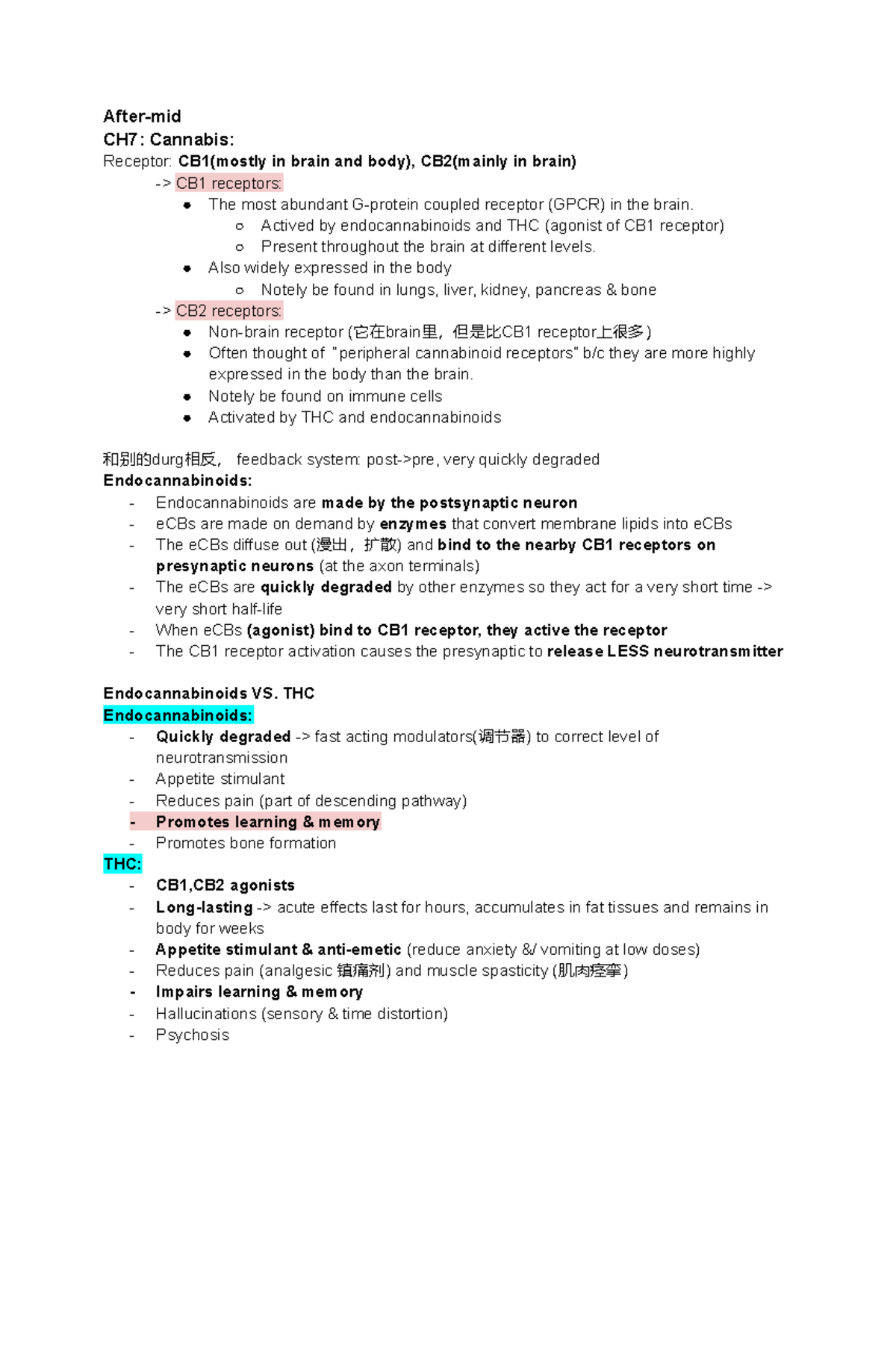 PCL200 CH7 Notes - After-mid CH7: Cannabis: Receptor: CB1(mostly in ...