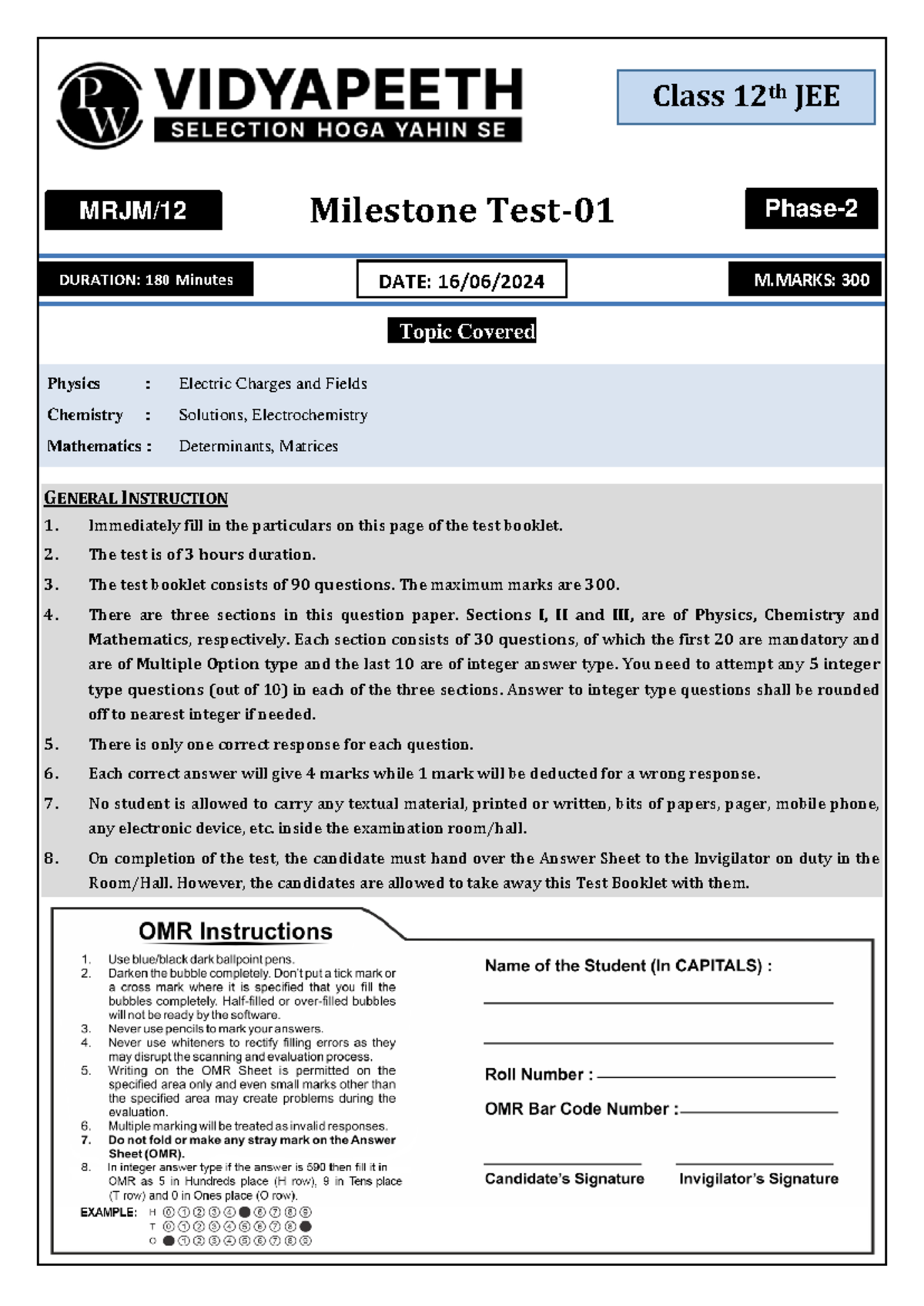 Class 12 JEE Milestone Test Paper: Physics, Chemistry, Math - Studocu