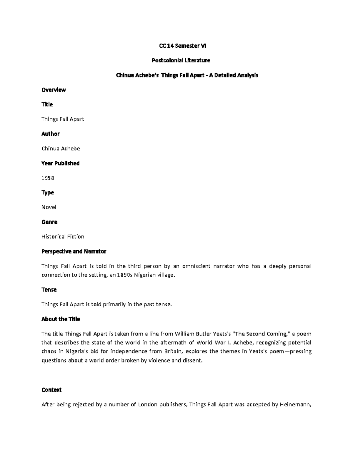 CC14S Final Exam Study Guide: Analysis of Chinua Achebe's "Things Fall ...