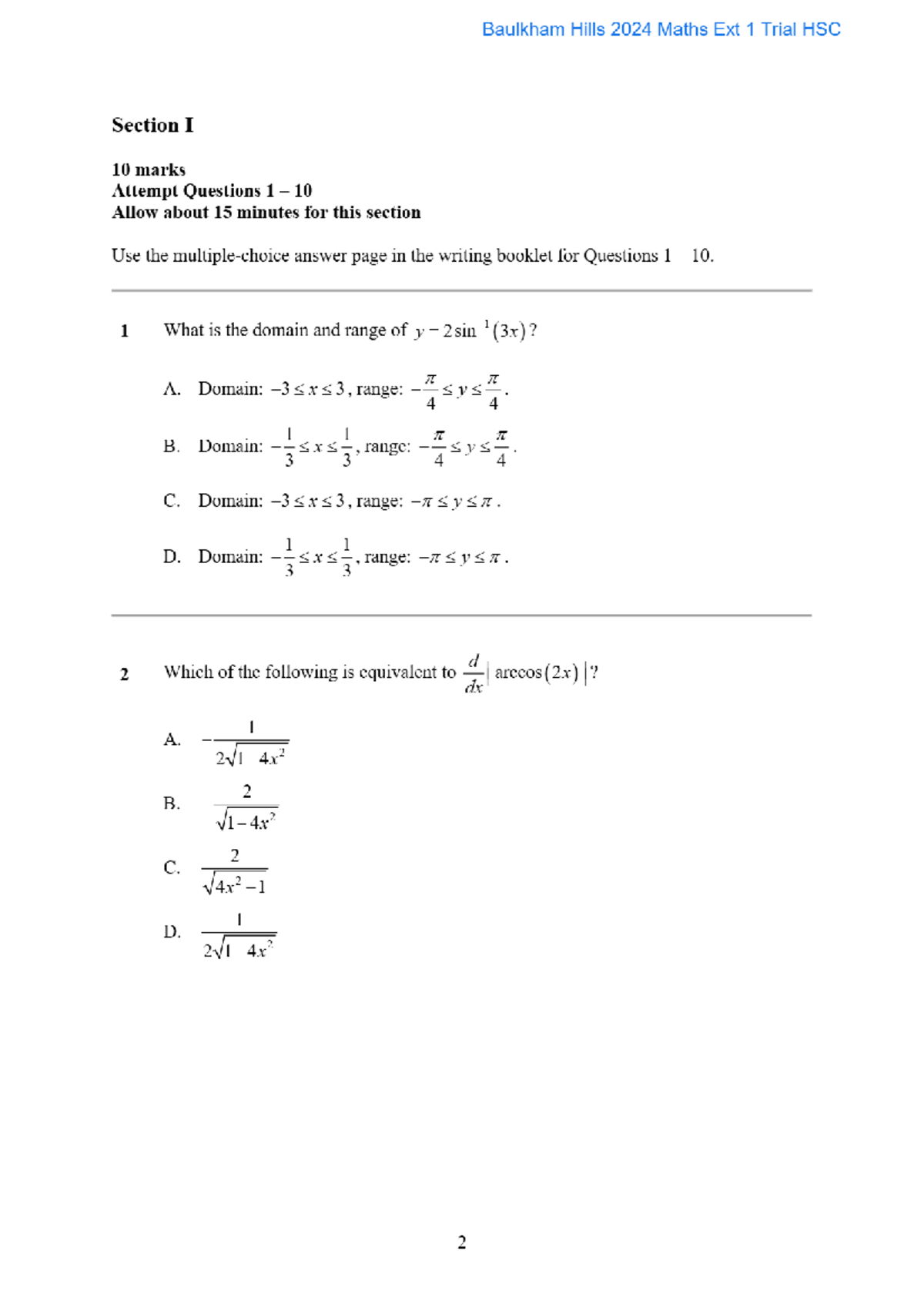 Baulkham Hills 2024 Maths Ext 1 Trial HSC Past Paper Section I & II ...