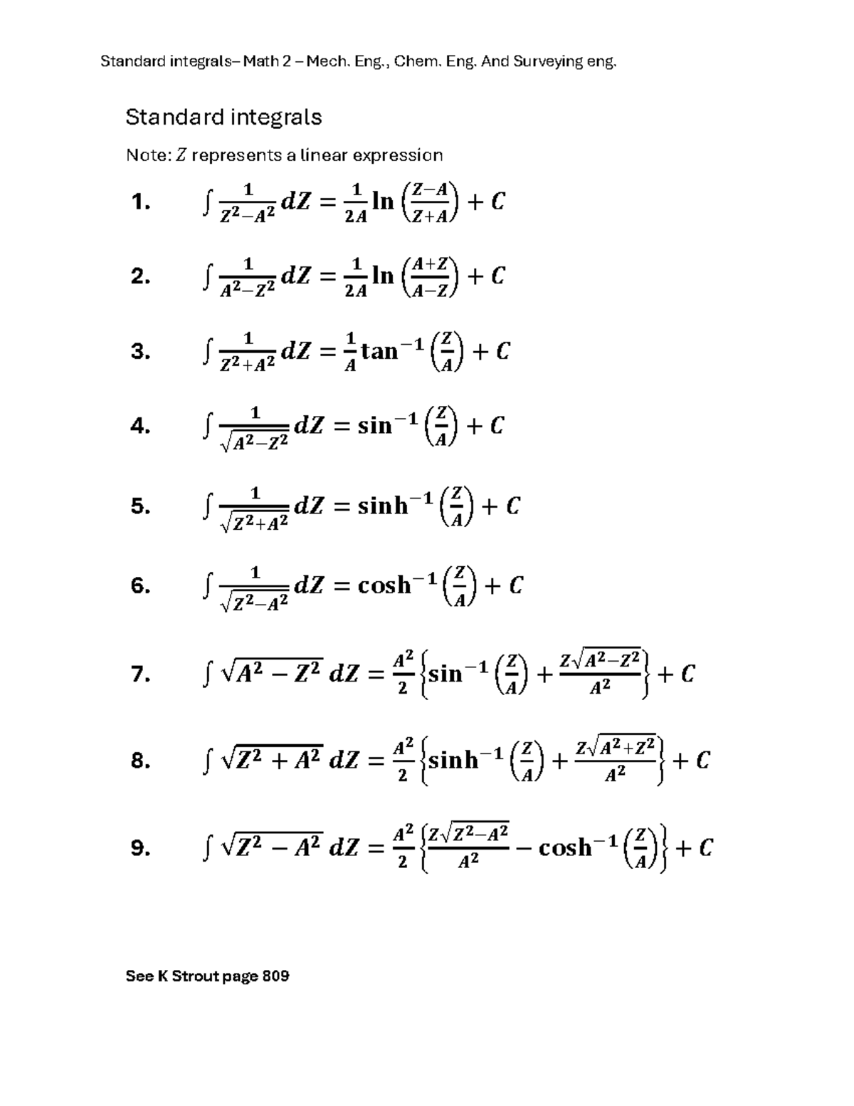 Standard Math 2: Integrals for Mech. Eng., Chem. Eng. & Surveying - Studocu