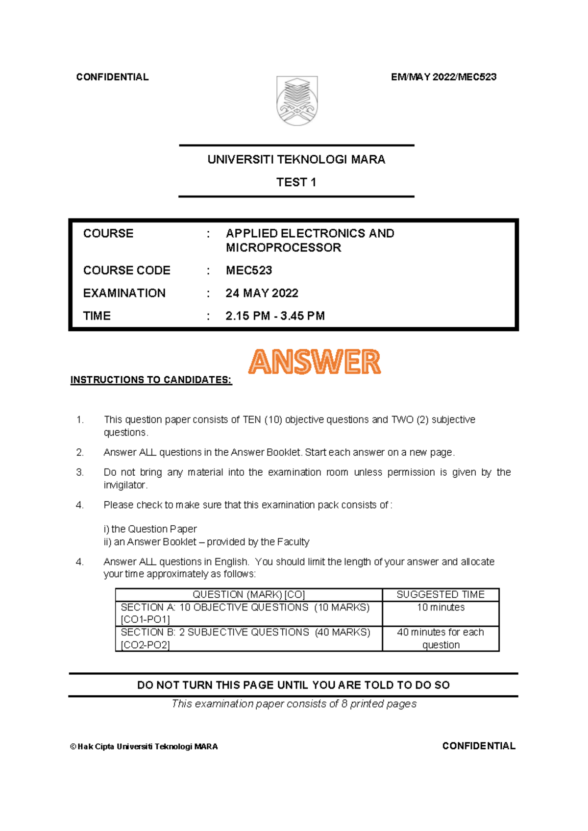 Test 1 MEC523 Applied Electronics & Microprocessor Aug 2022 Answers ...
