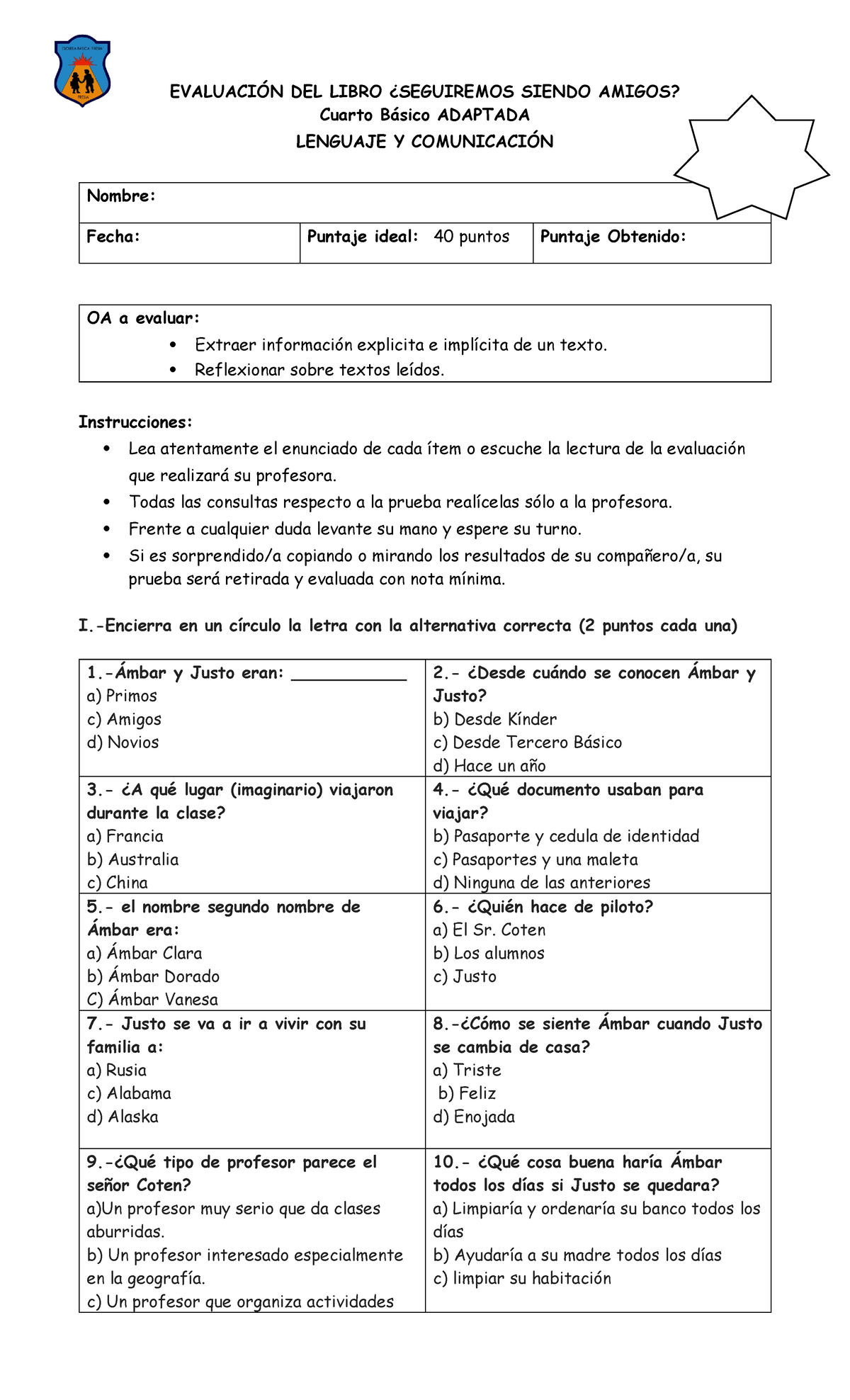 Prueba de Evaluación del Libro 'Seguiremos Siendo Amigos' - Cuarto ...