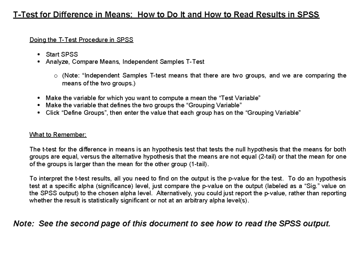 T-Test in SPSS: How to perform and interpret results - Studocu