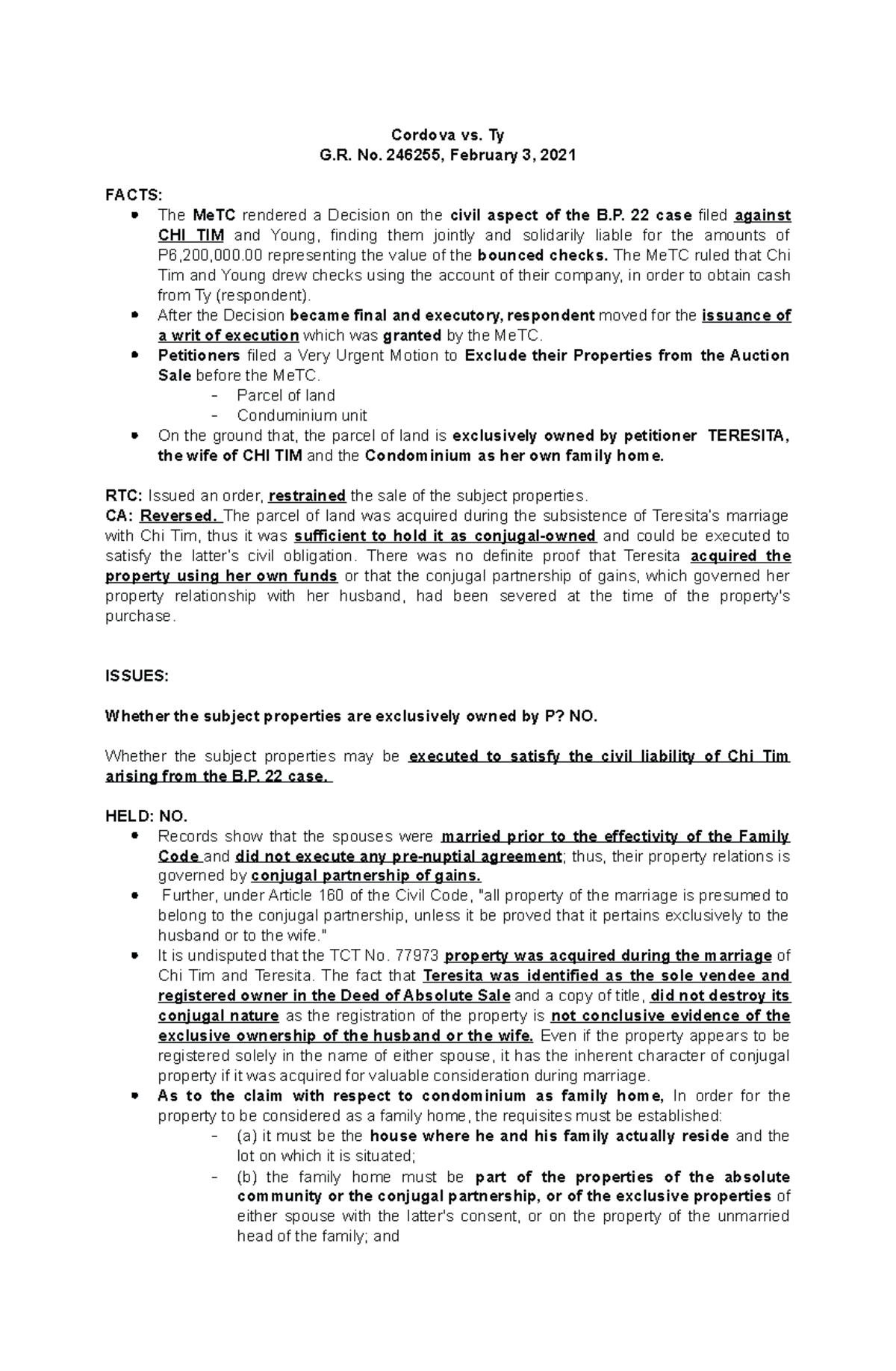 Cordova vs. Ty - Case Digest on Conjugal Property Rights - Studocu