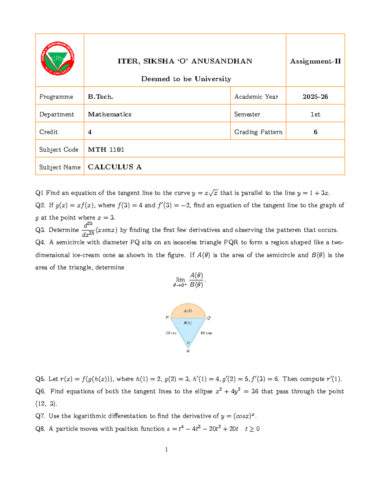 B.Tech MTH 1101 Calculus Semester 1 Exam Questions and Solutions - Studocu