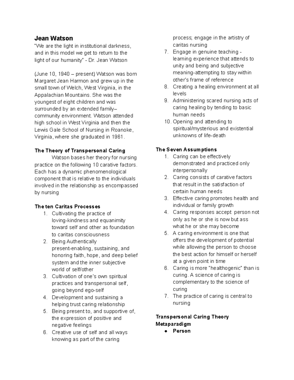 Jean Watson's Transpersonal Caring Theory - Overview and Insights - Studocu