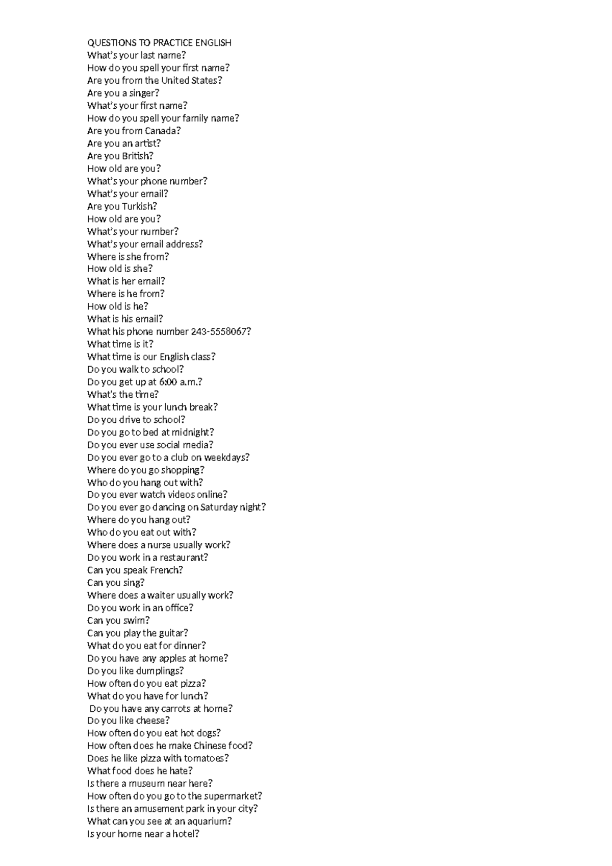 English Practice Questions for Conversation Skills - Studocu