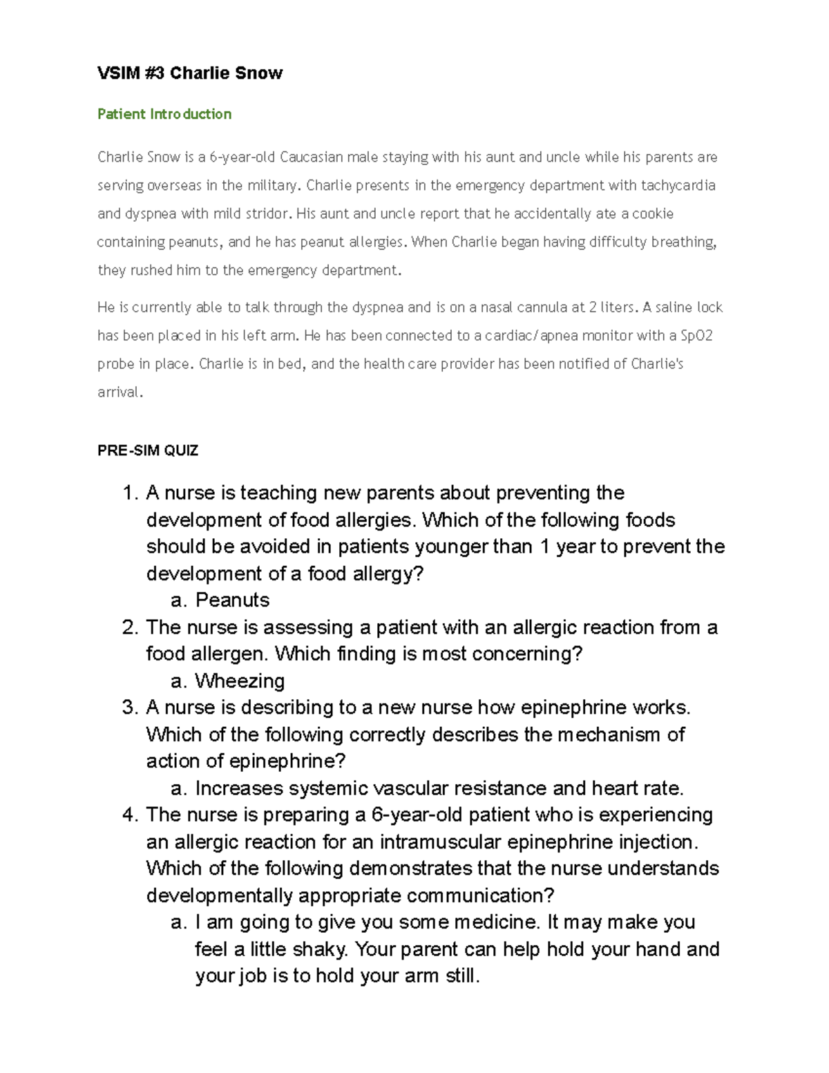 VSIM 3: Emergency Management of Anaphylaxis in Charlie Snow - Studocu
