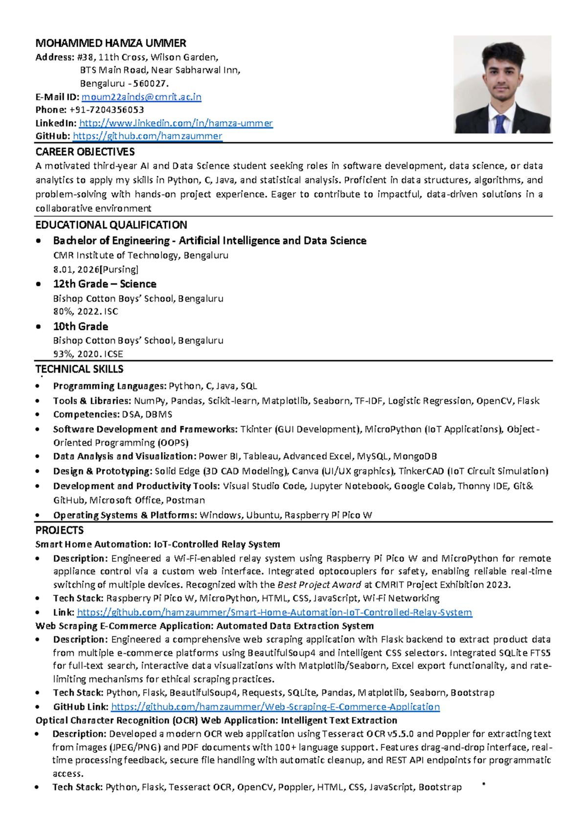 CMRIT AI & Data Science Resume - M. Hamza Ummer - Studocu