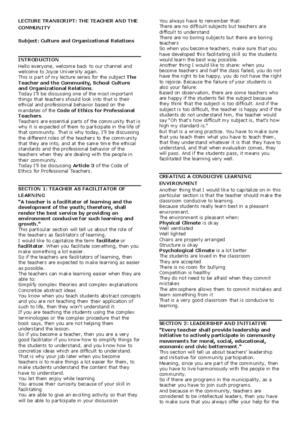 LECTURE TRANSCRIPT: TEACHER ROLES & ETHICS IN COMMUNITY (L7) - Studocu