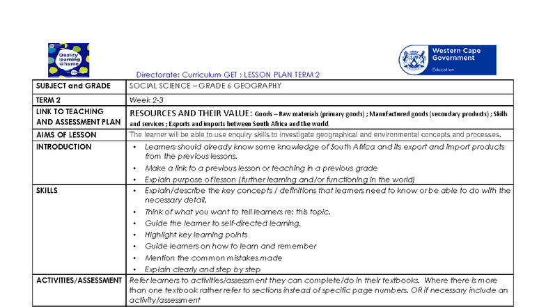 Lesson Plan: Grade 6 Social Science Geography T2 Week 6 - Studocu