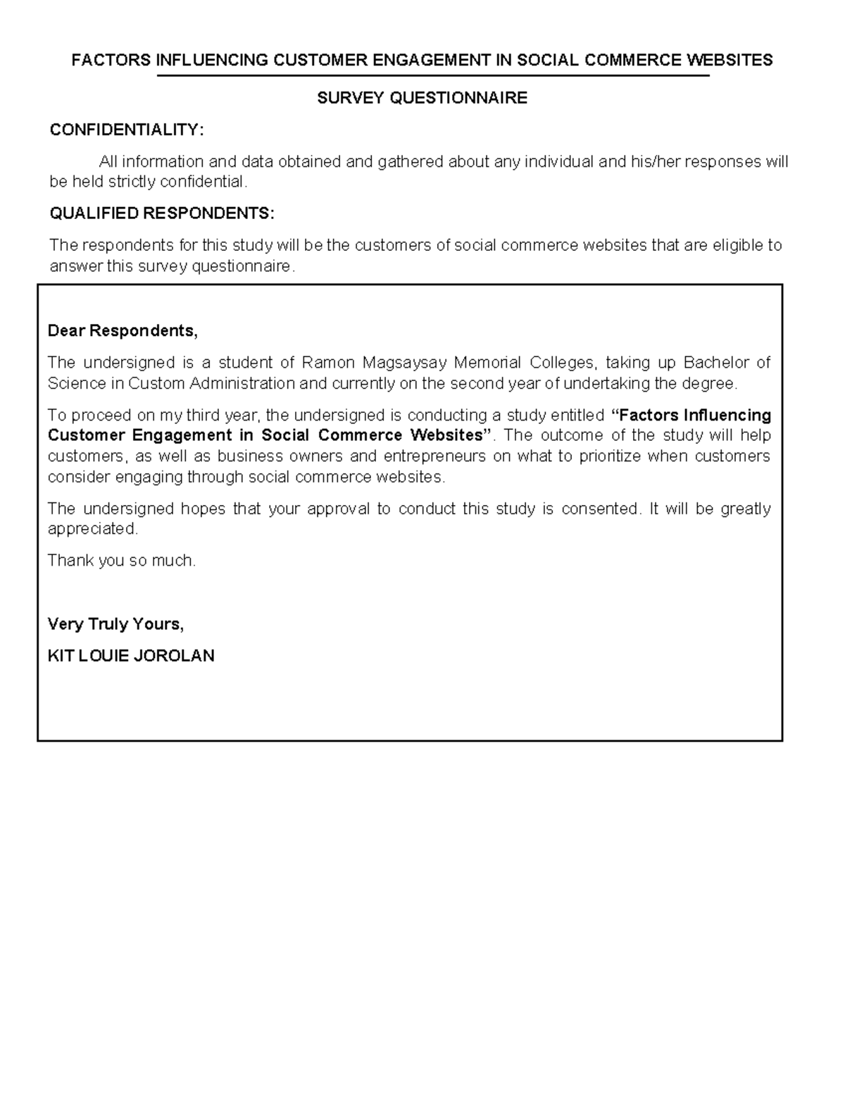 Survey Questionnaire Sample for Factors Influencing Customer Engagement ...